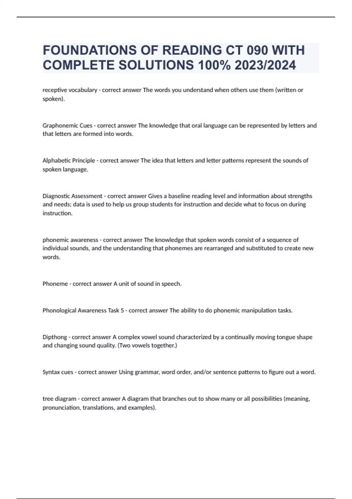 FOUNDATIONS OF READING CT 090 WITH COMPLETE SOLUTIONS 100% 2023/2024 ...