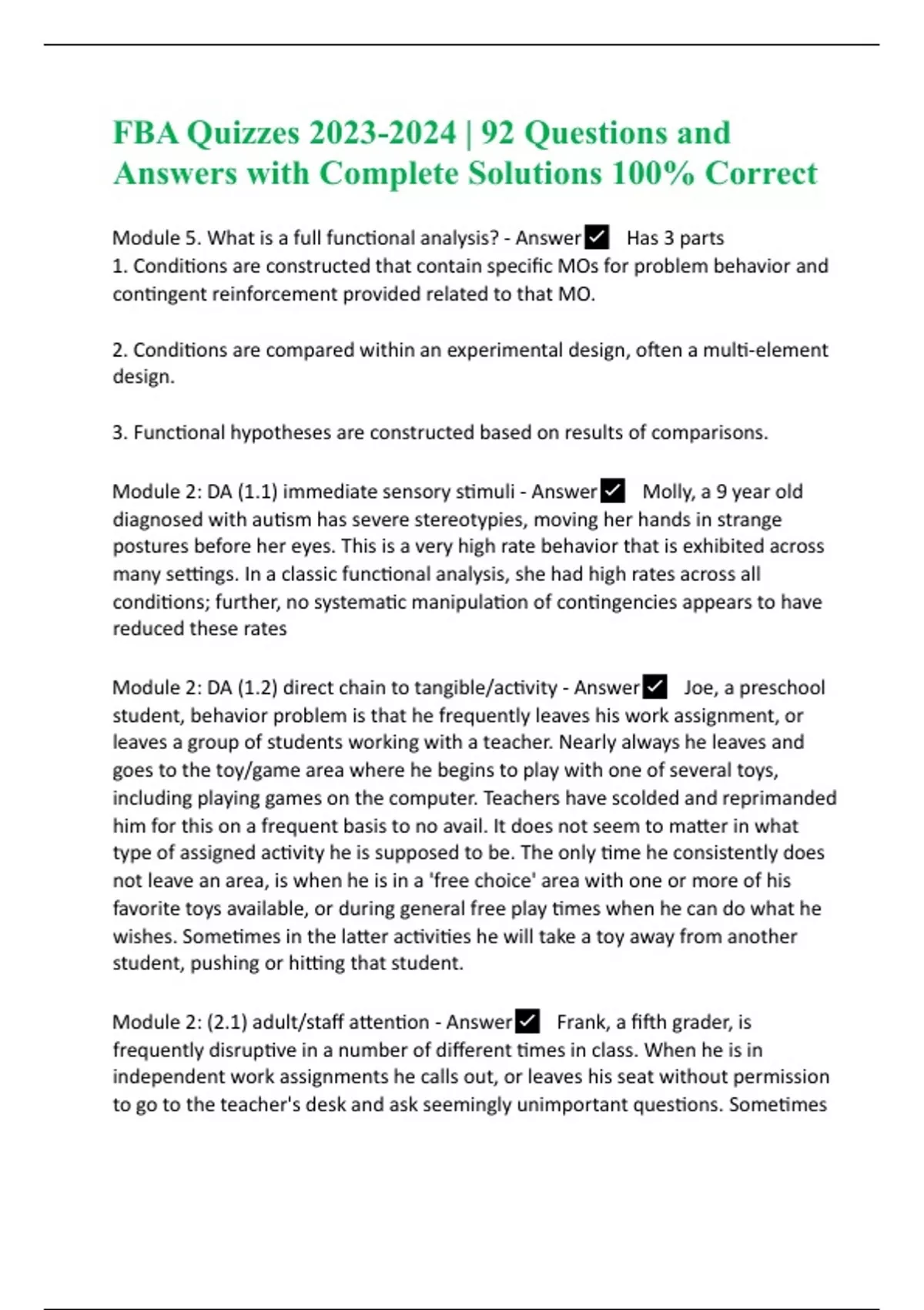 FBA Quizzes | 92 Questions and Answers with Complete Solutions 100% ...
