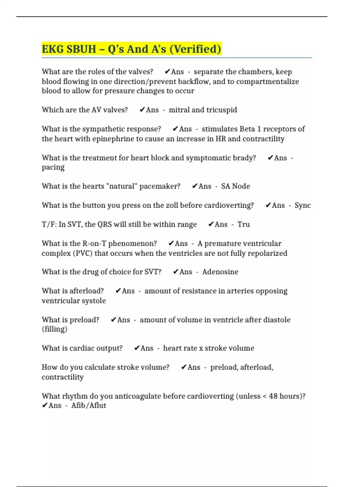 EKG SBUH – Q’s And A’s (Verified) - SBUH - Stuvia US