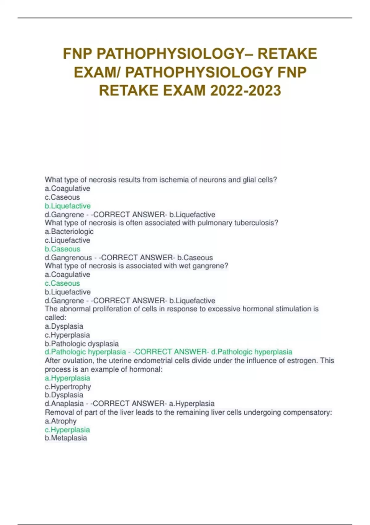 FNP PATHOPHYSIOLOGY– RETAKE EXAM/ PATHOPHYSIOLOGY FNP RETAKE EXAM - FNP ...