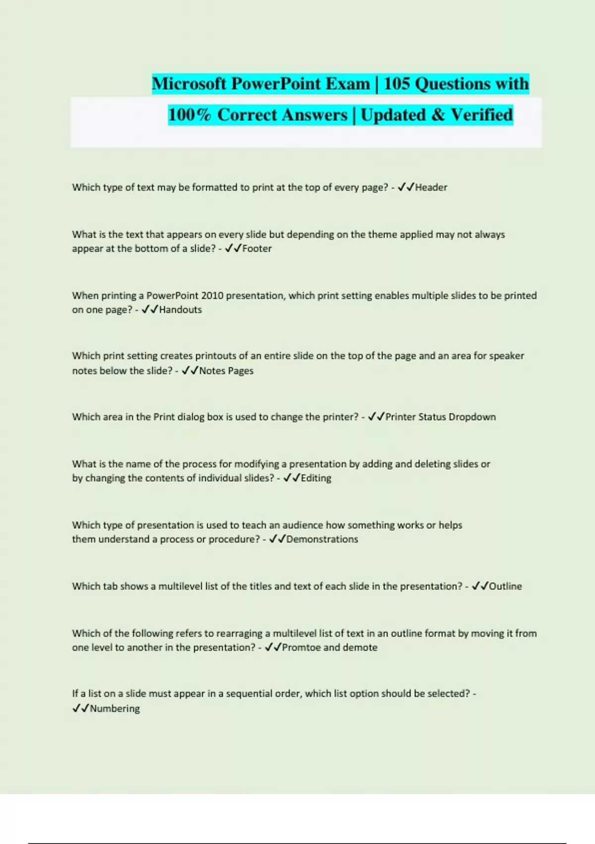 Microsoft PowerPoint Exam | 105 Questions with 100% Correct Answers ...
