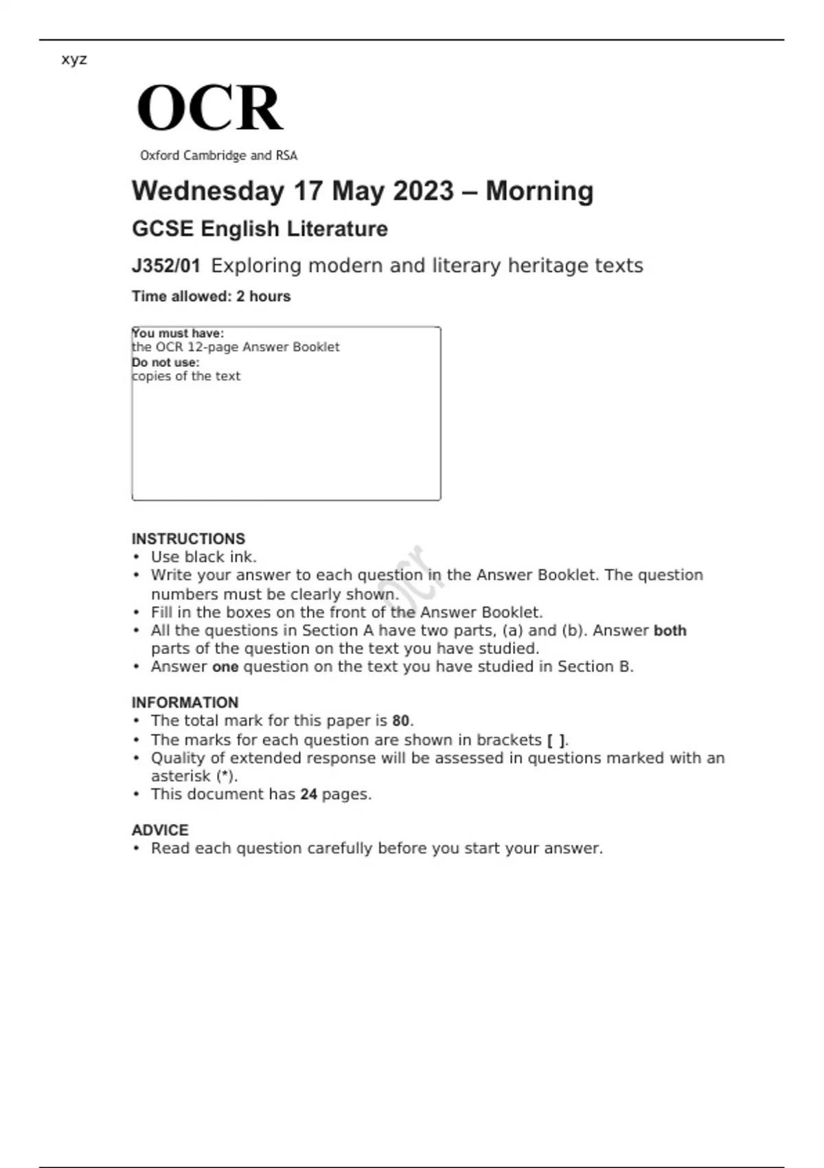 OCR GCSE English Literature PAPER 1 And 2 JUNE 2023 QUESTION PAPERS AND OCR GCSE English Literature PAPER 1 And 2 JUNE 2023 QUESTION PAPERS AND