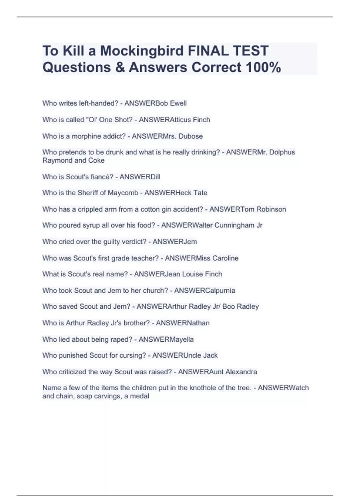 To Kill a Mockingbird Final Test Review Correct Solutions!! - To Kill a ...