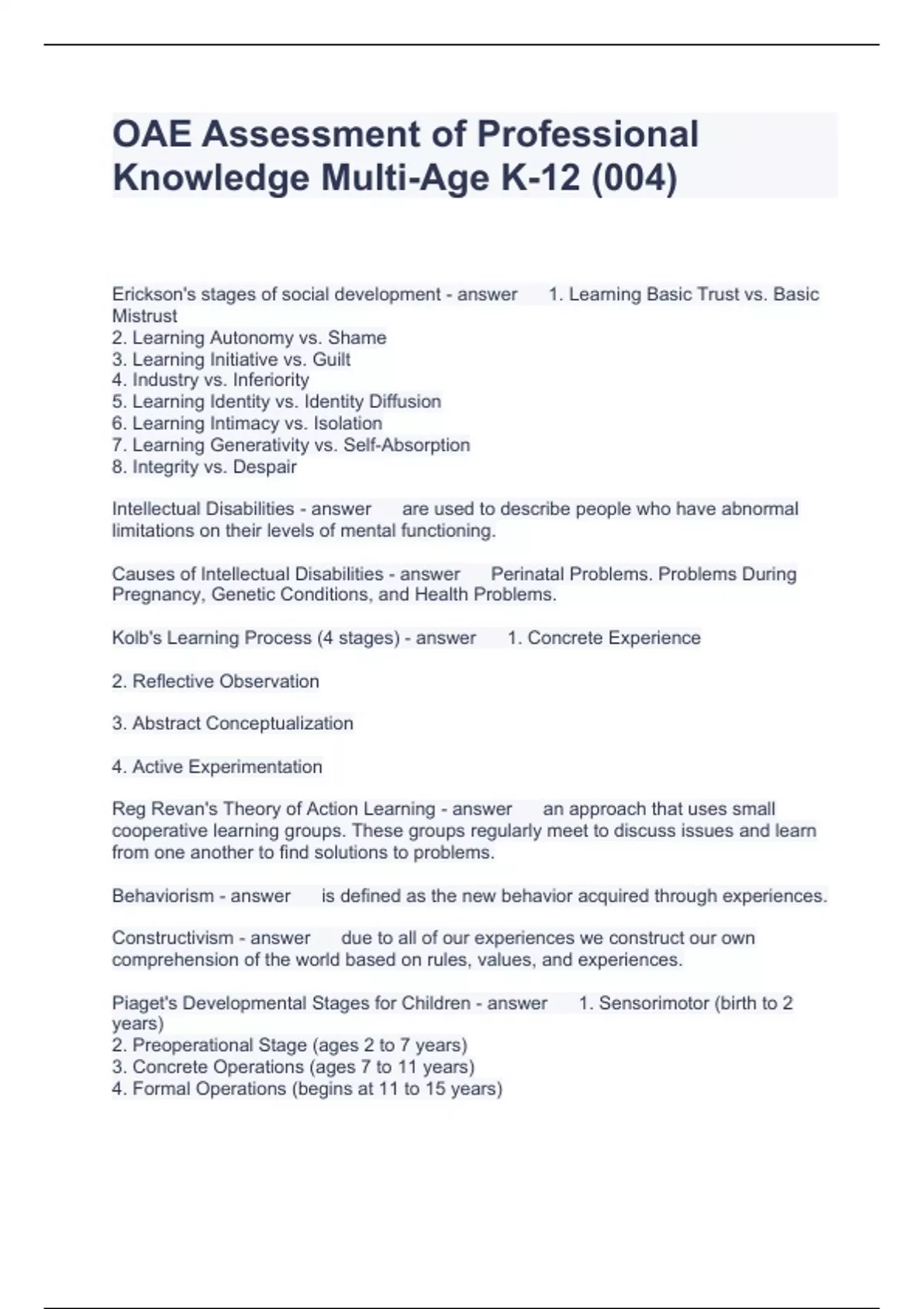 OAE Assessment of Professional Knowledge Multi-Age K-12 (004) Questions and Answers Full ...