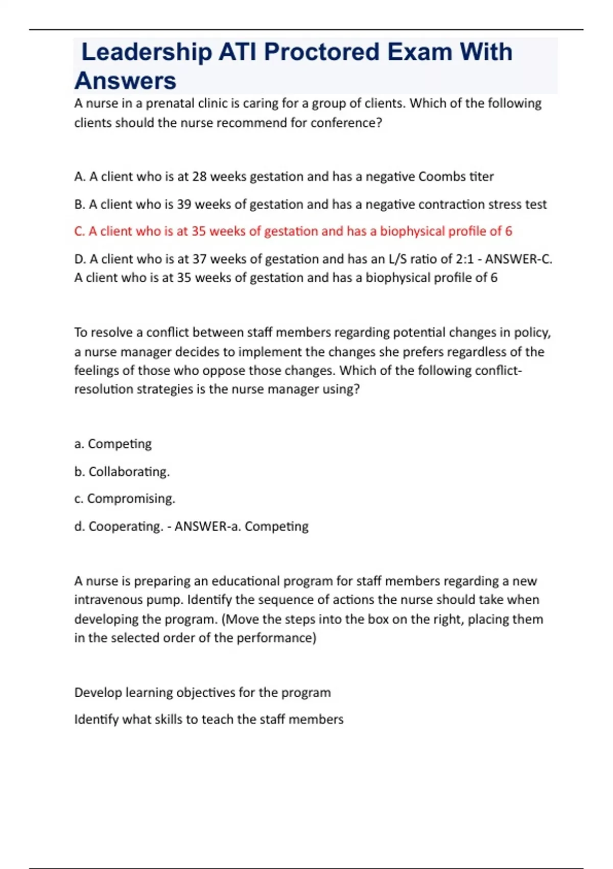Leadership ATI Proctored Exam With Answers - Leadership ATI - Stuvia US