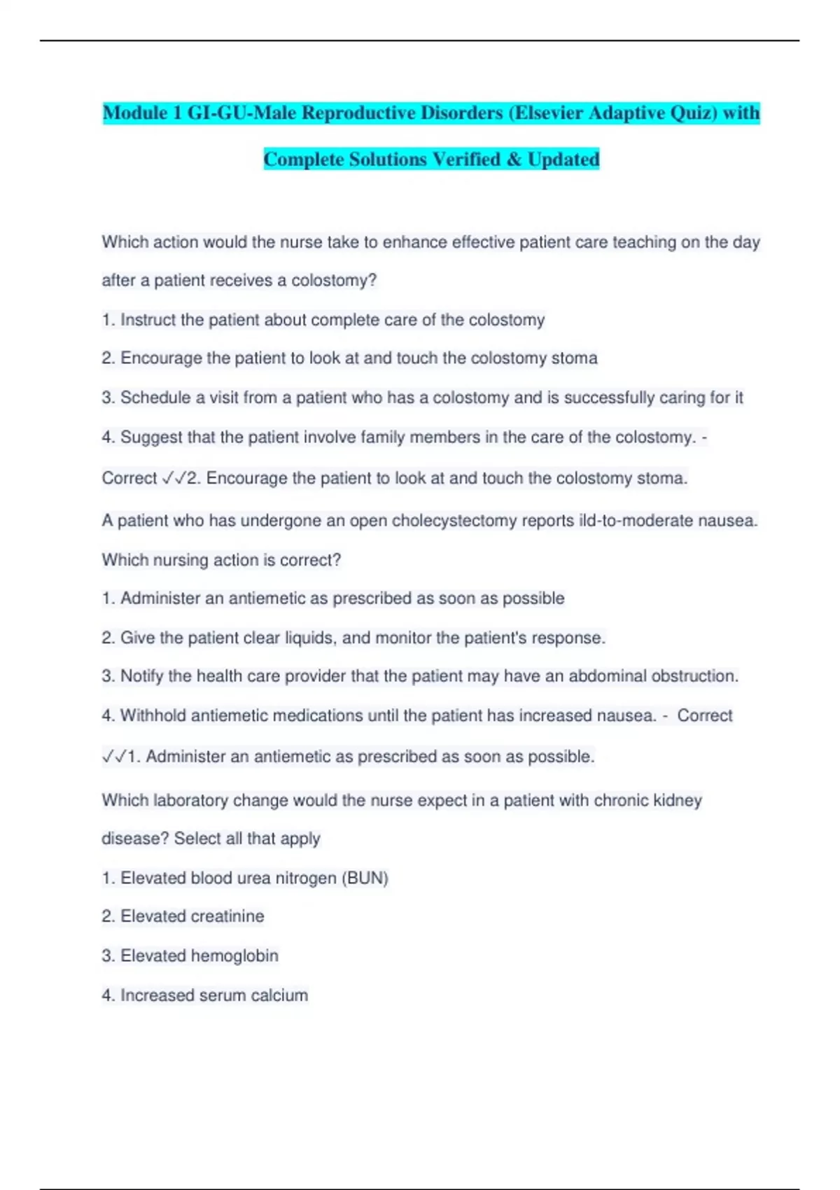 Module 1 GI-GU-Male Reproductive Disorders (Elsevier Adaptive Quiz) with Complete Solutions ...