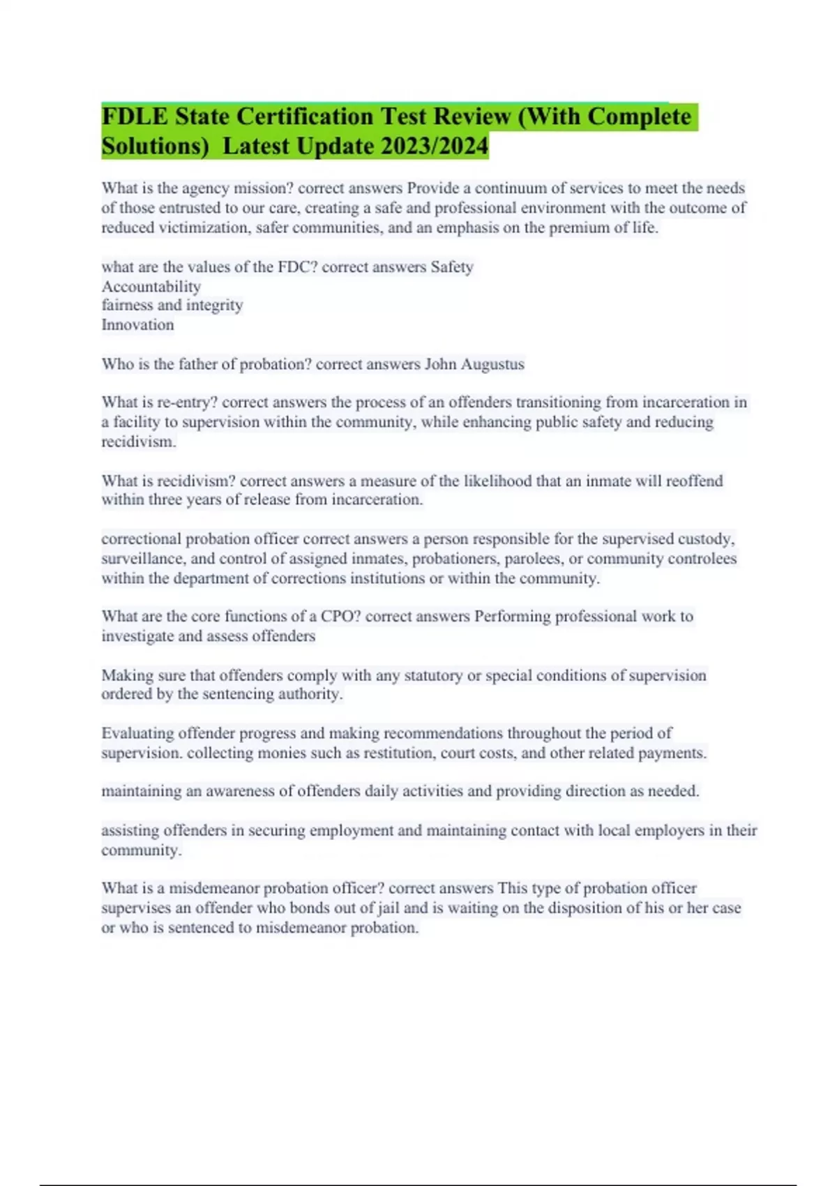 FDLE State Certification Test Review With Complete Solutions Latest ...