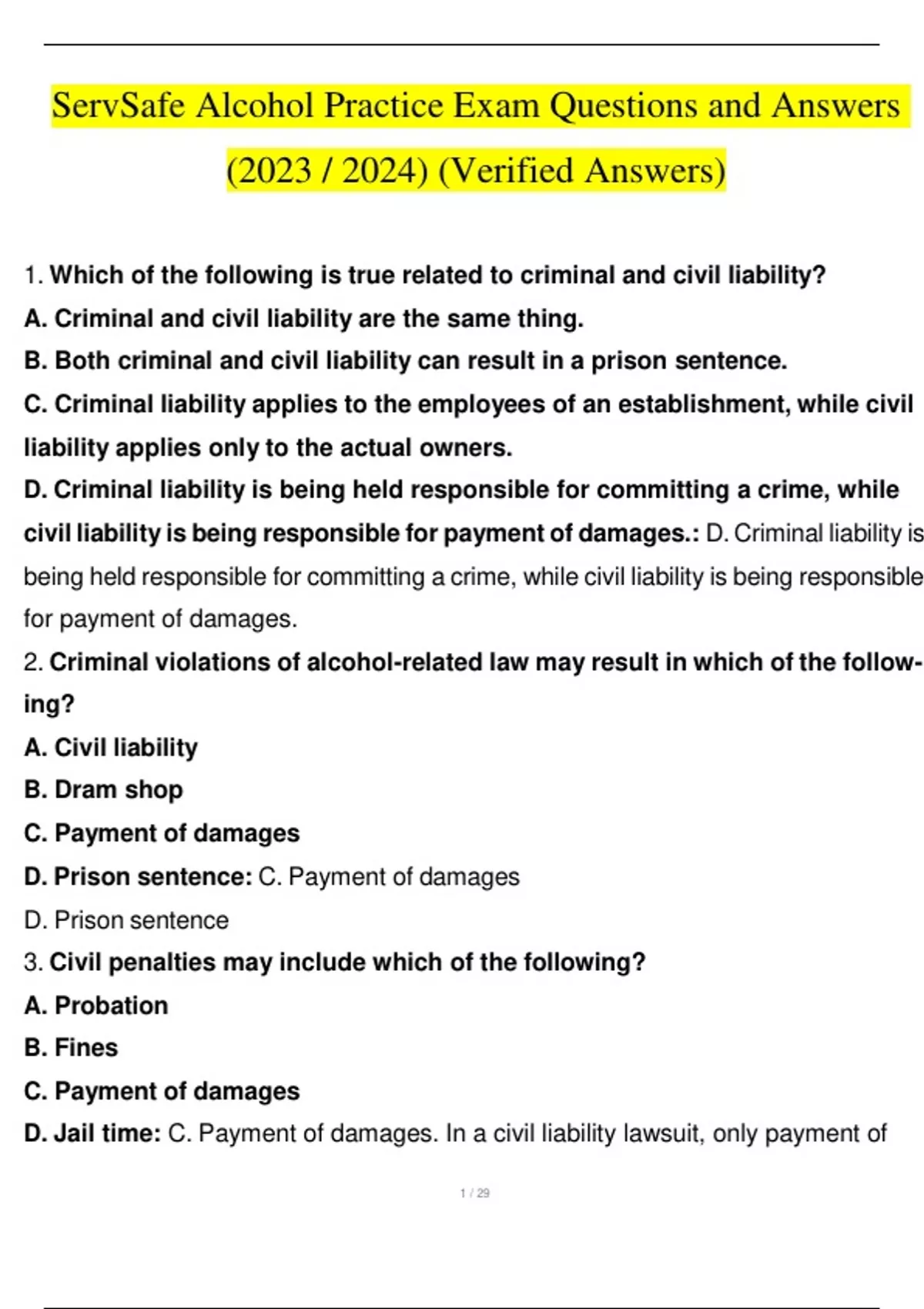 ServSafe Alcohol Practice Exam Questions and Answers (2023 / 2024 ...