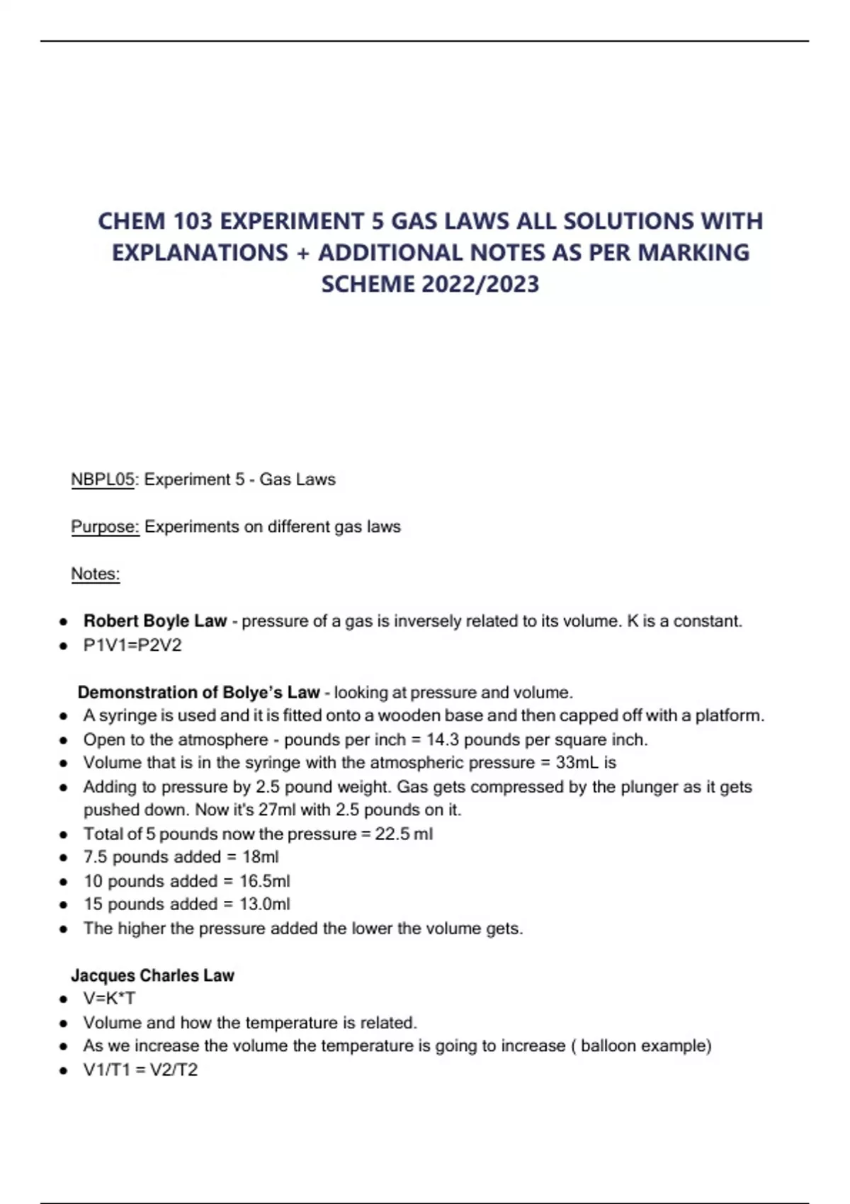 Summary CHEM 103 EXPERIMENT 5 GAS LAWS ALL SOLUTIONS WITH EXPLANATIONS ...