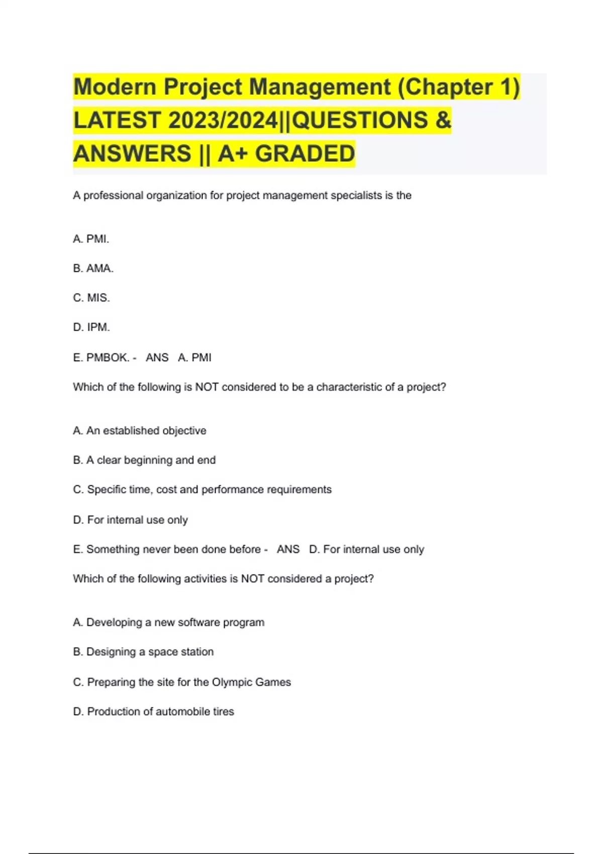 Project Management Professional Test Answers Solution guide 2023 ...