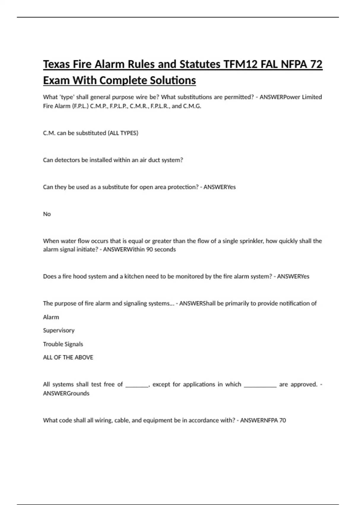 Texas Fire Alarm Rules and Statutes TFM12 FAL NFPA 72 Exam With ...