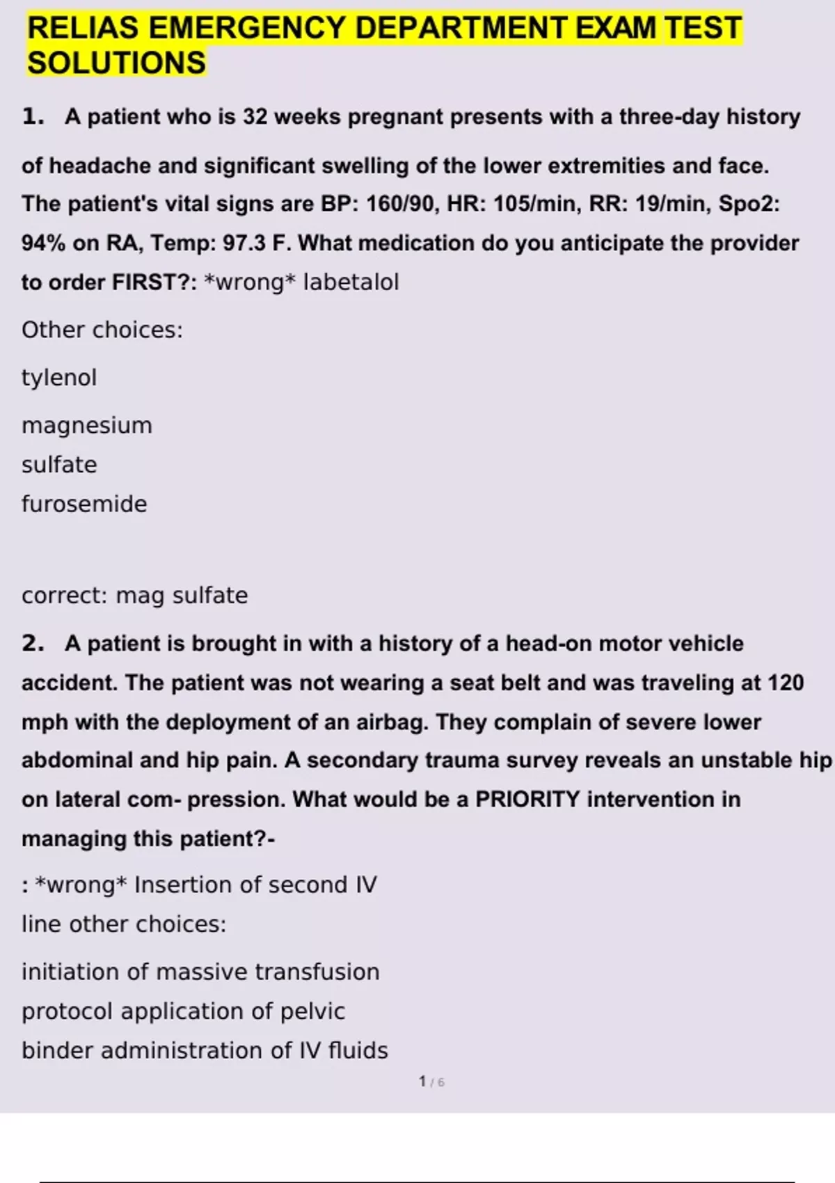 RELIAS EMERGENCY DEPARTMENT EXAM TEST SOLUTIONS QUESTIONS AND ANSWERS ...