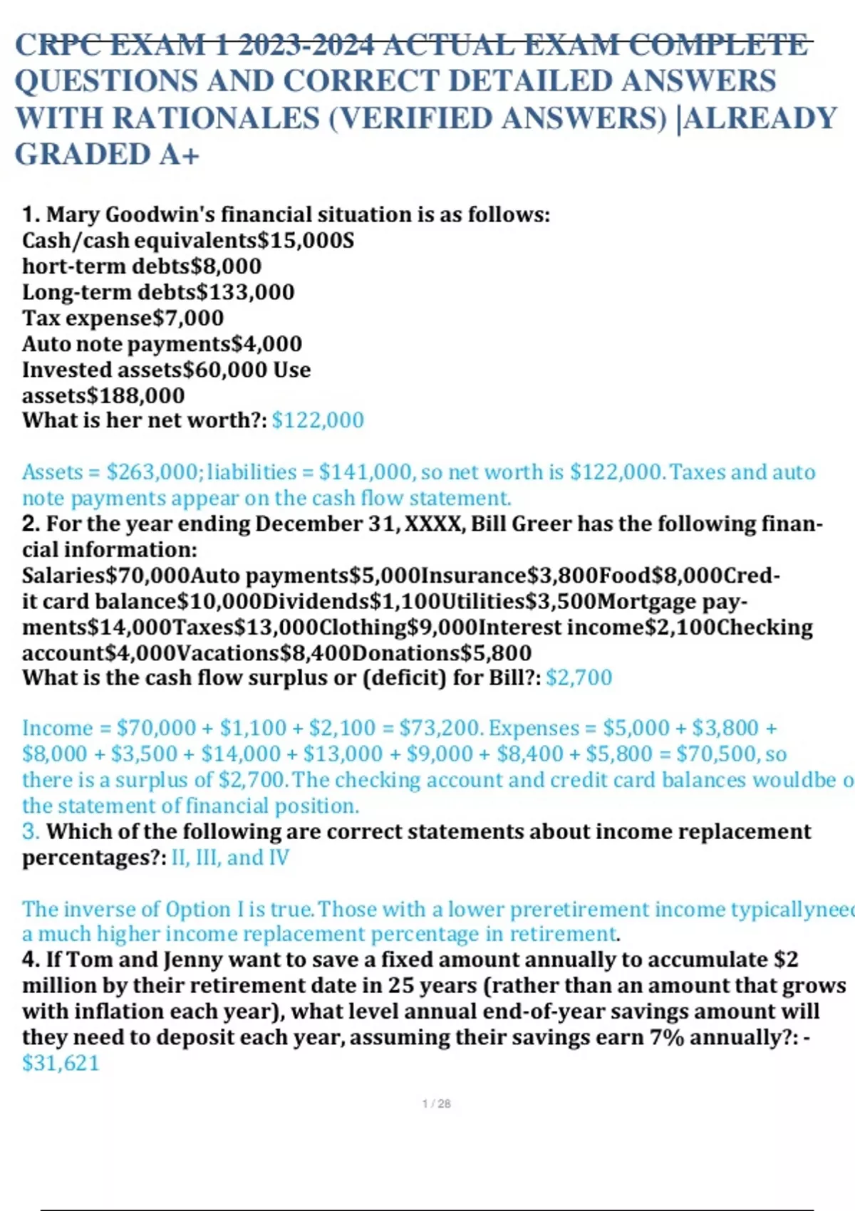 Crpc Exam Actual Exam Complete Questions And Correct Detailed Answers With Rationales Verified