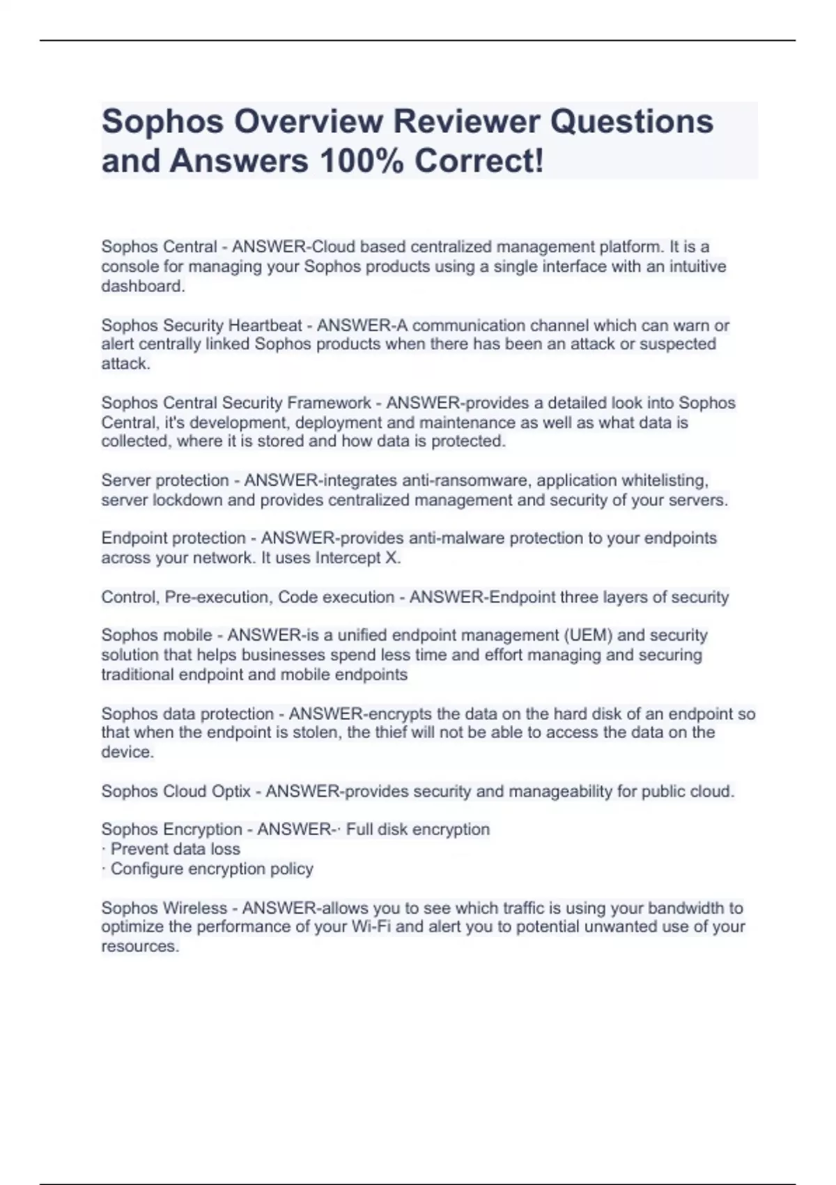 Sophos Overview Reviewer Questions and Answers 100% Correct! - Sophos ...