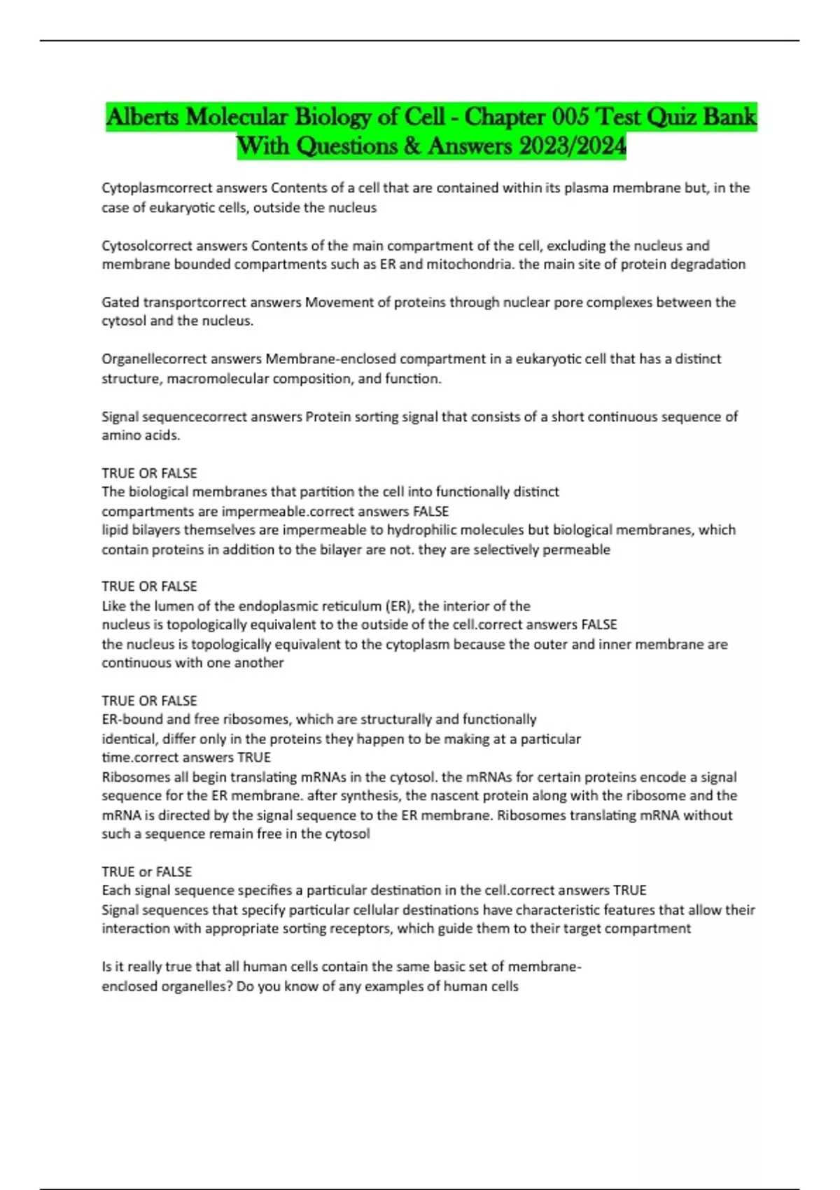 Alberts Molecular Biology of Cell - Chapter 005 Test Quiz Bank With ...