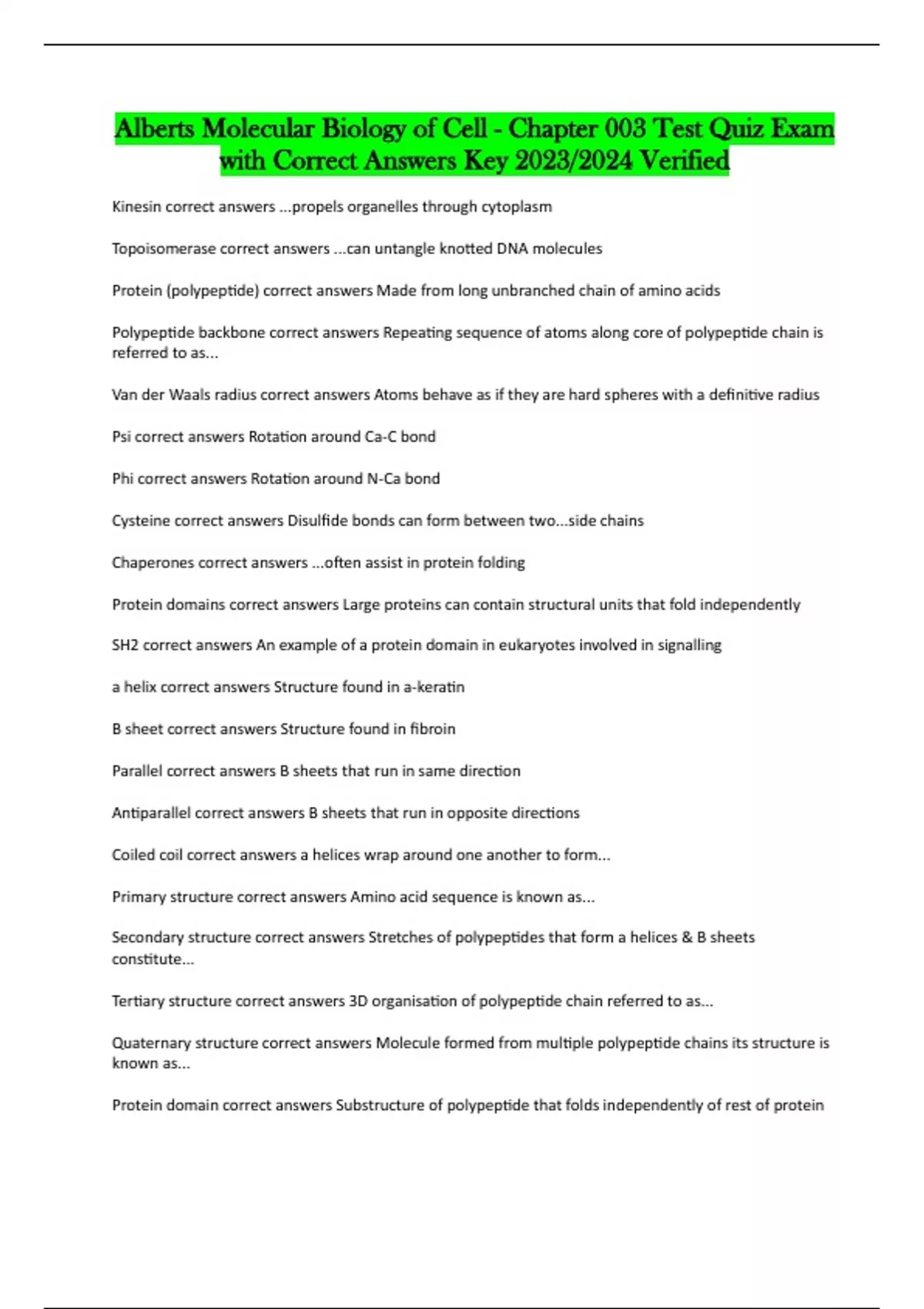 Alberts Molecular Biology of Cell - Chapter 003 Test Quiz Exam with ...