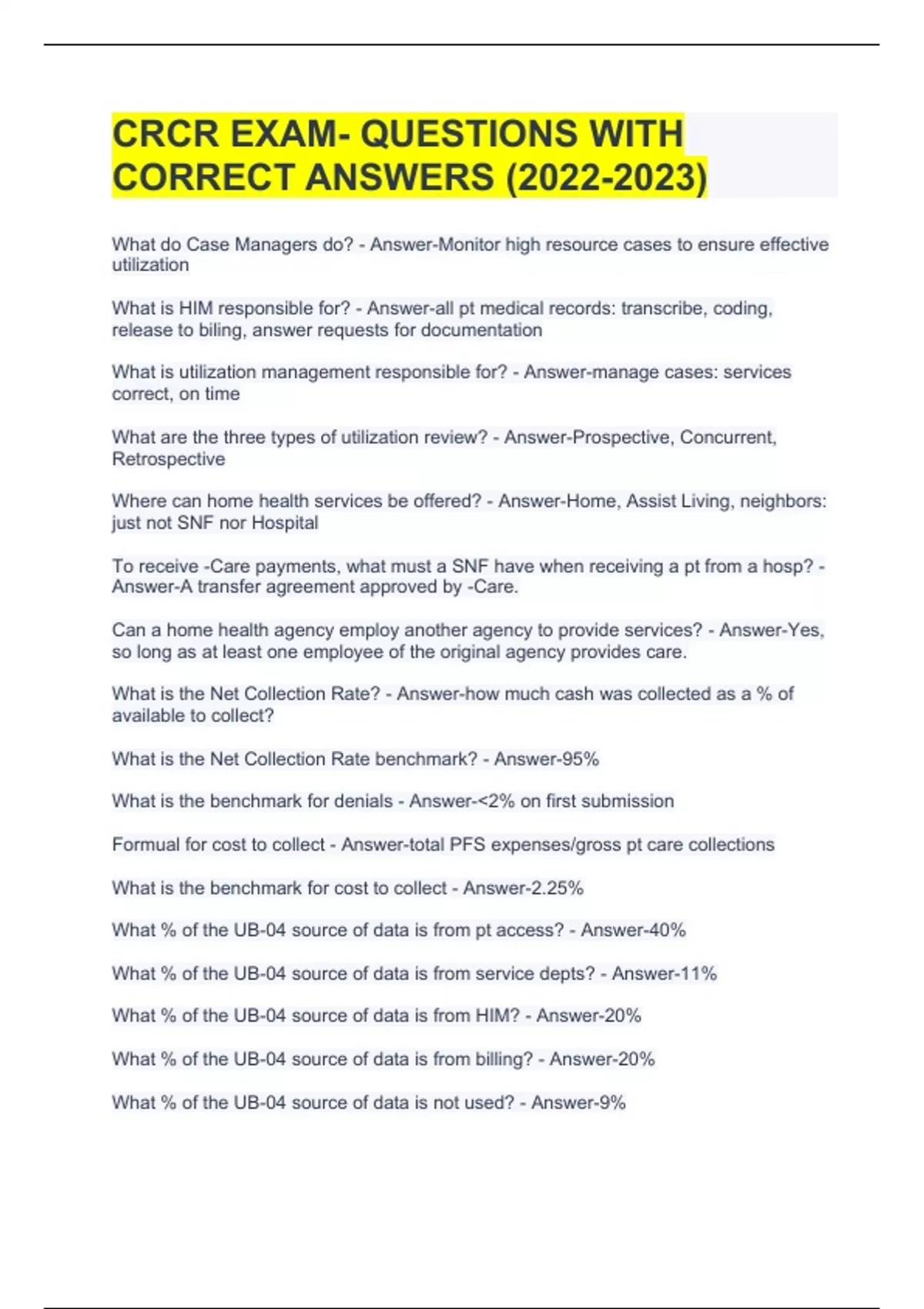 CRCR EXAM- QUESTIONS WITH CORRECT ANSWERS ( - Stuvia US