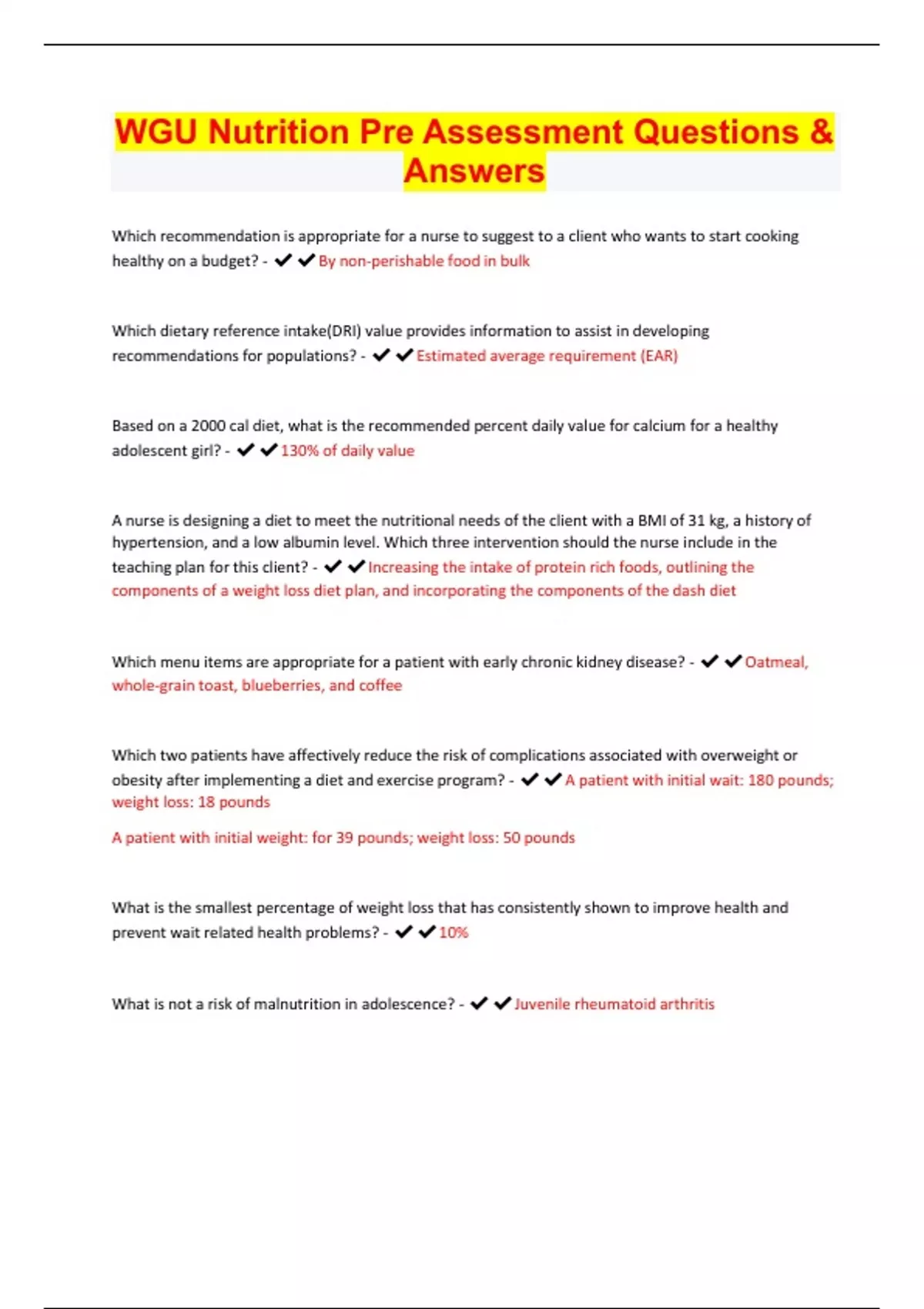 WGU Nutrition Pre Assessment | Questions with 100% Correct Answers ...