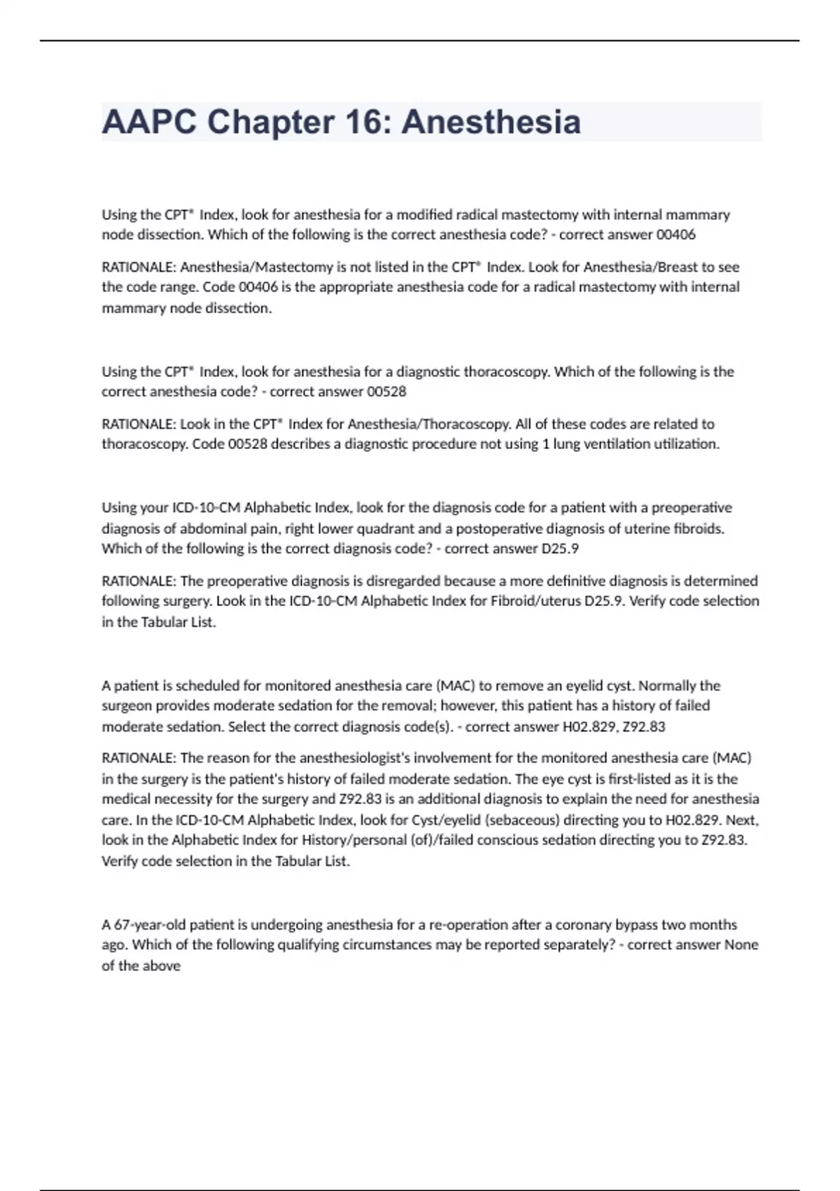 AAPC Chapter 16 Anesthesia questions & answers graded A+ - AAPC - Stuvia US