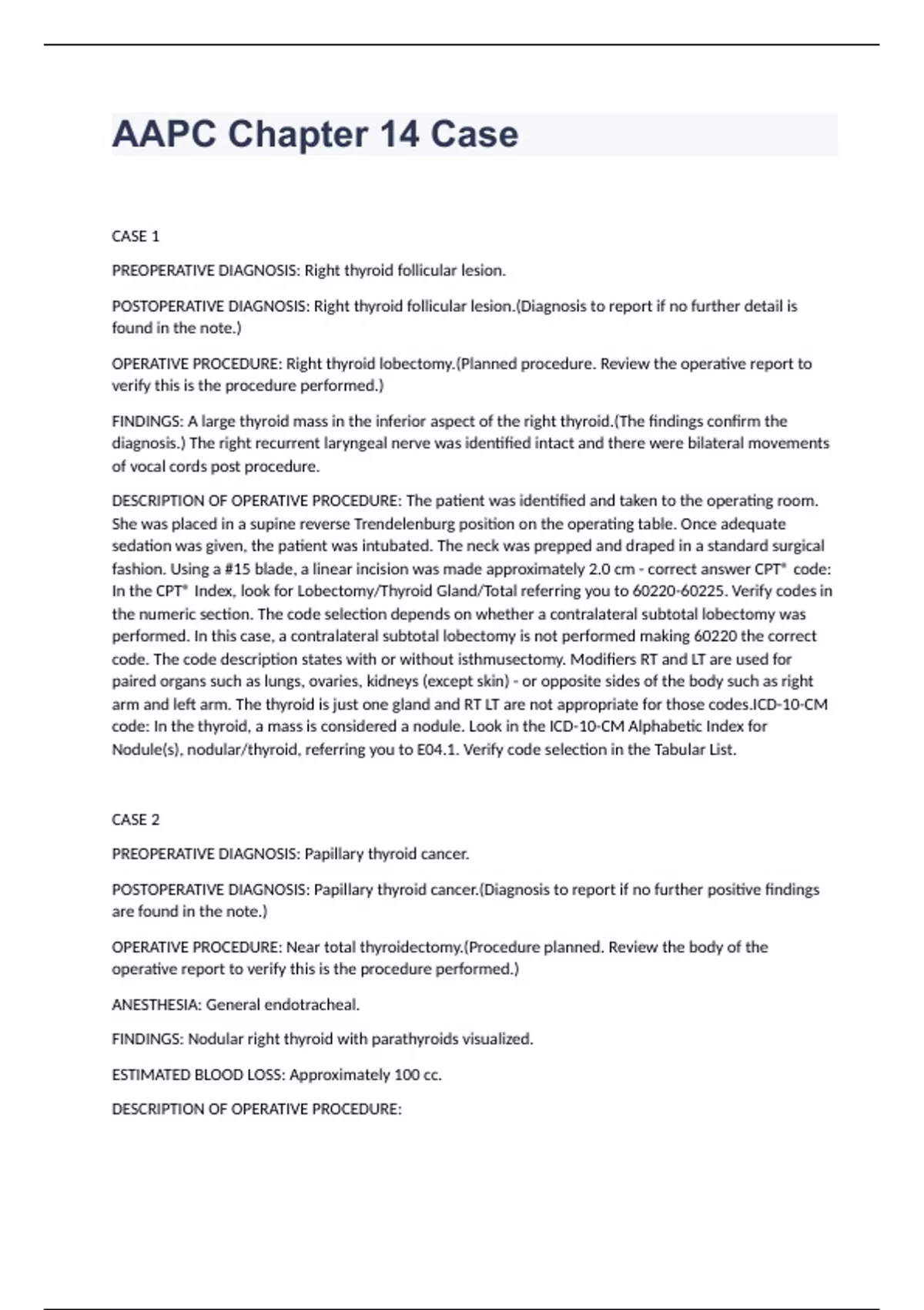 AAPC Chapter 14 Case questions with 100% correct answers 2023/2024 - AAPC - Stuvia US