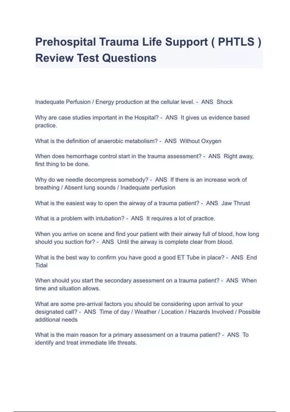 Prehospital Trauma Life Support ( PHTLS ) Review Test Questions And ...