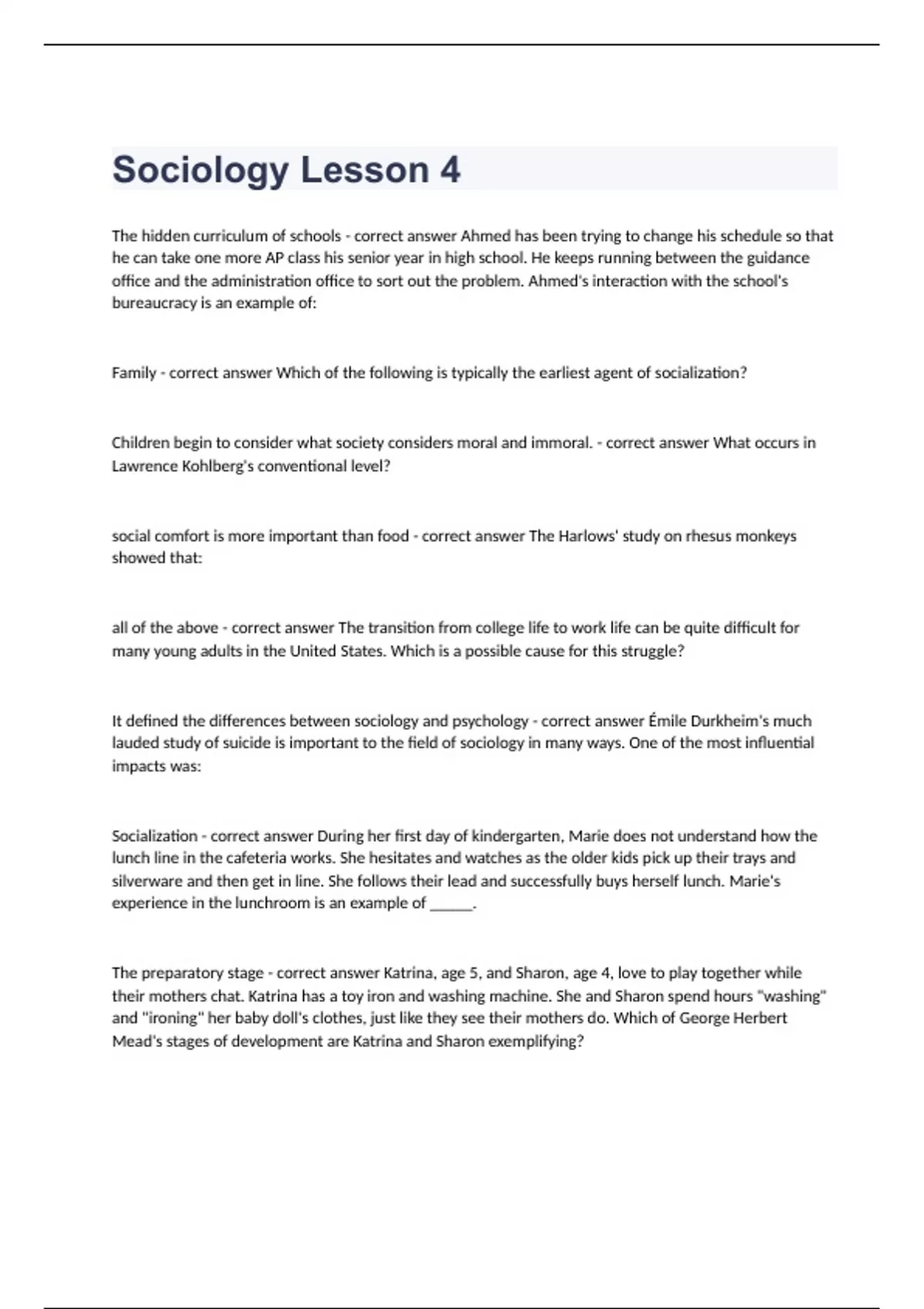 Sociology Lesson 4 questions with correct answers rated A+ 2023/2024 ...