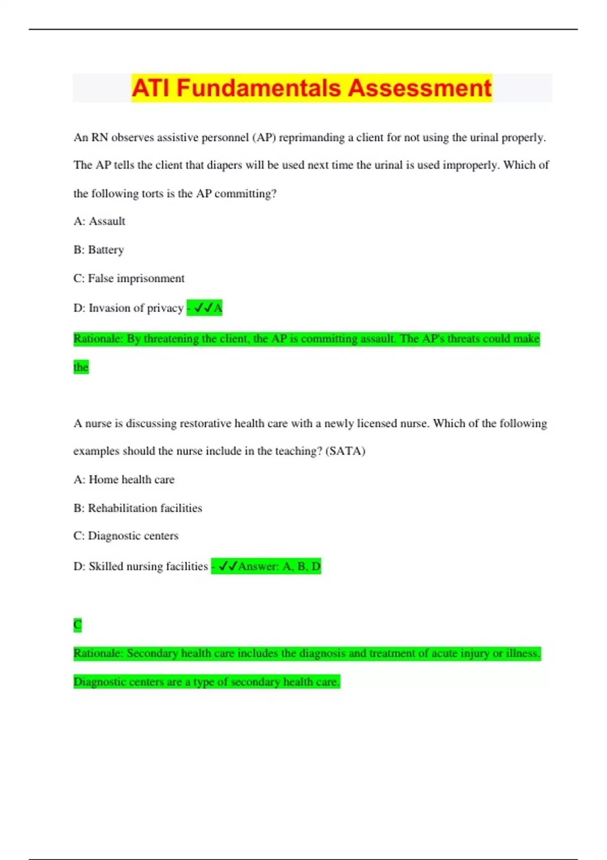 ATI Fundamentals Assessment | Questions with 100% Correct Answers ...