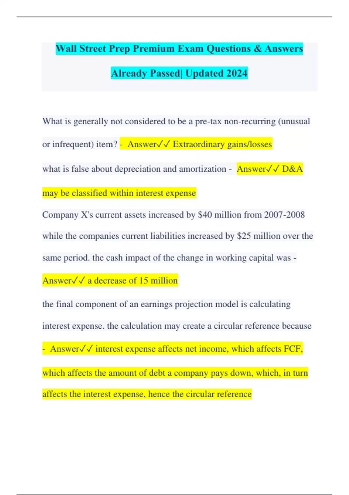 Wall Street Prep Premium Exam Questions & Answers Already Passed ...