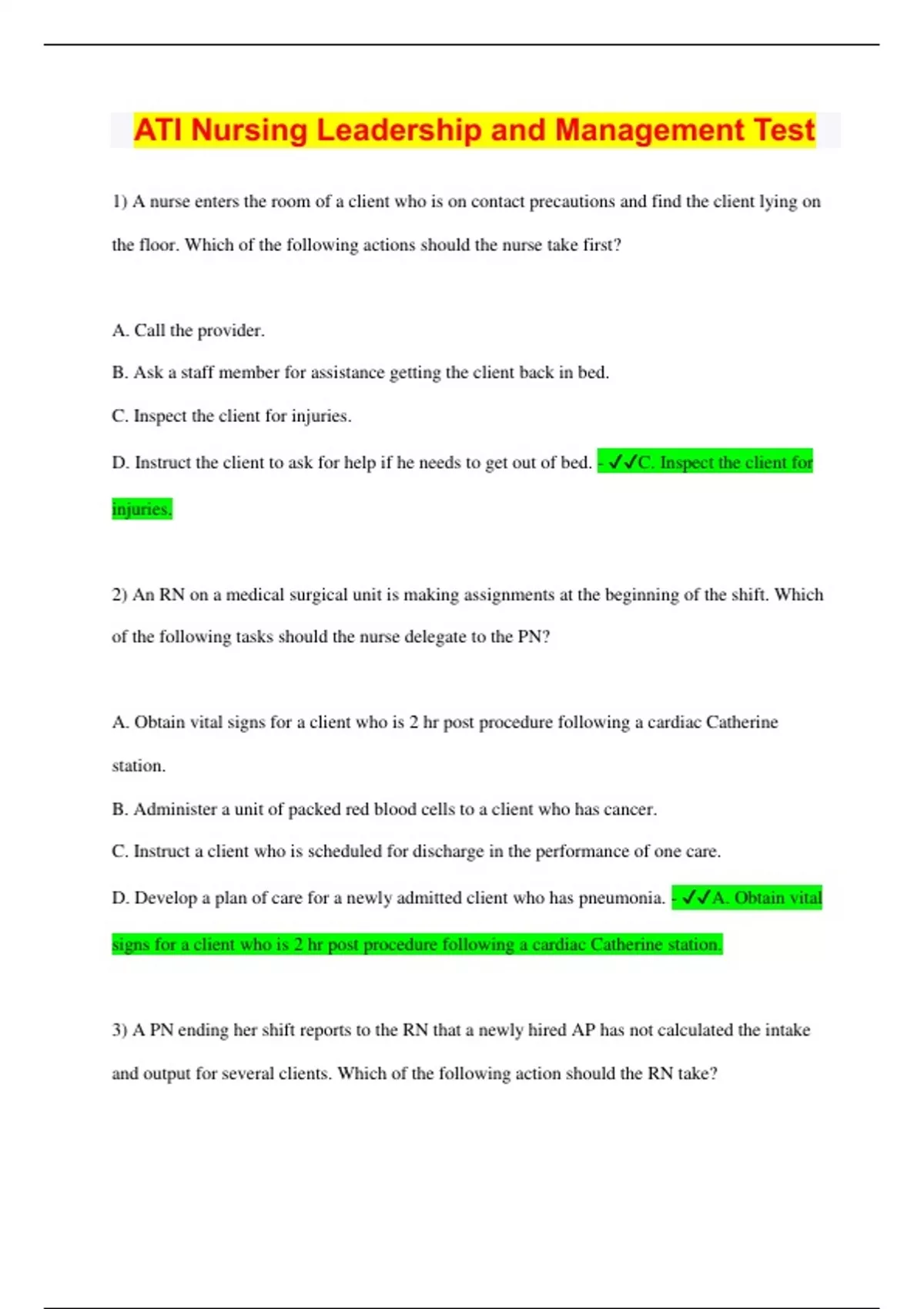 ATI Nursing Leadership and Management Test | Questions with 100% ...