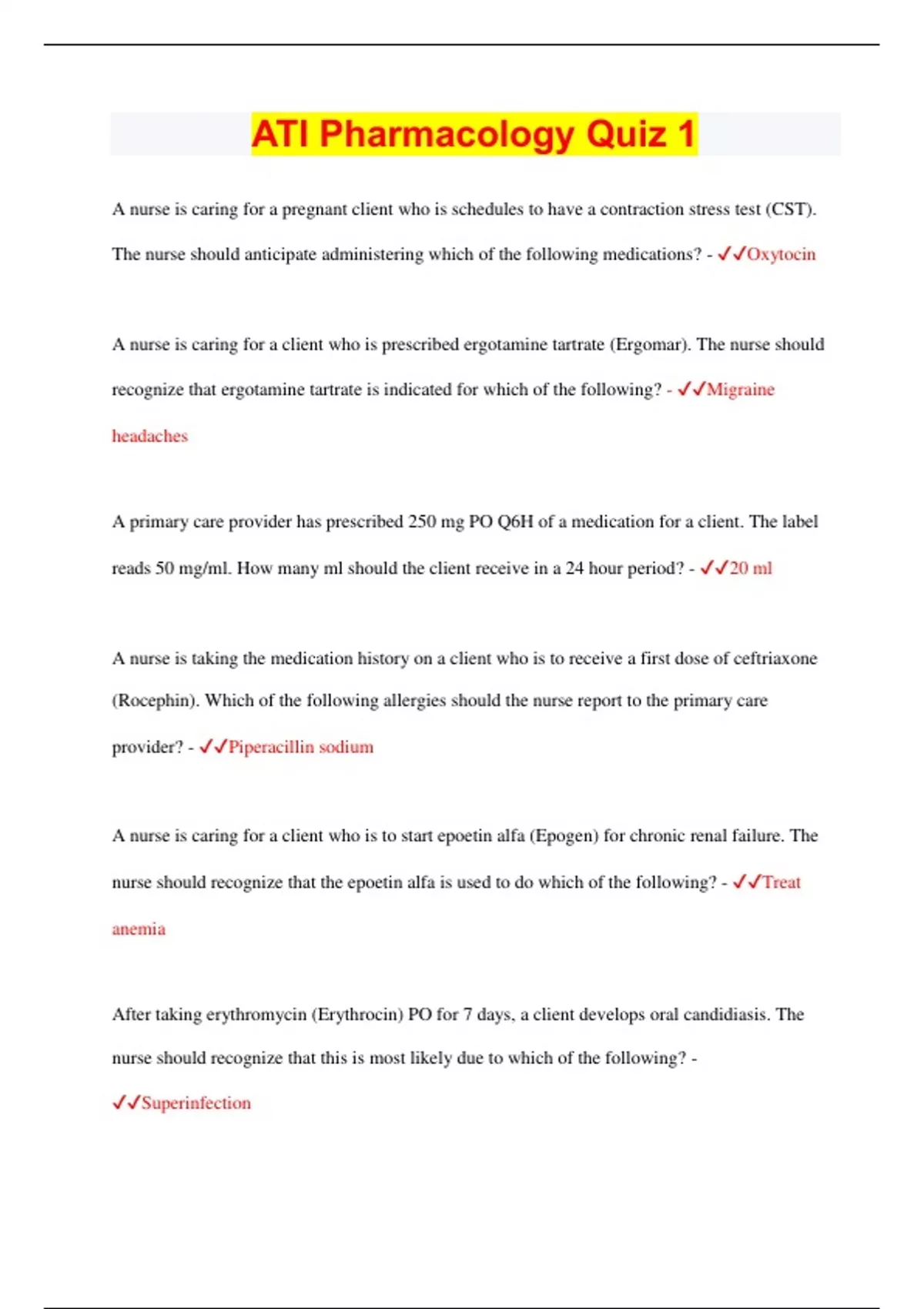 ATI Pharmacology Quiz 1 | Questions with 100% Correct Answers | Latest ...