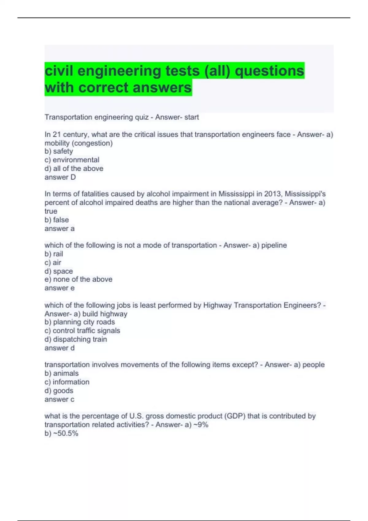 civil engineering tests (all) questions with correct answers - Civil ...