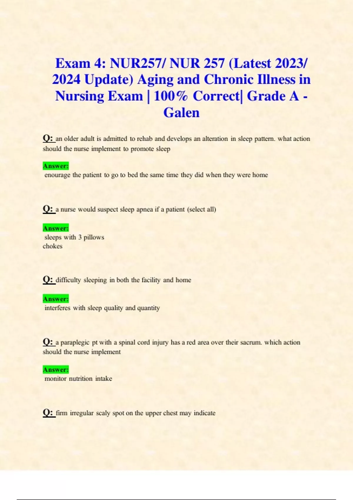 Exam 4: NUR257/ NUR 257 (Latest 2023/ 2024 Update) Aging and Chronic ...