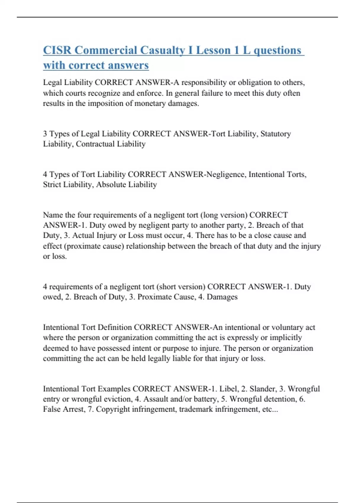 CISR Commercial Casualty I Lesson 1 L questions with correct answers ...