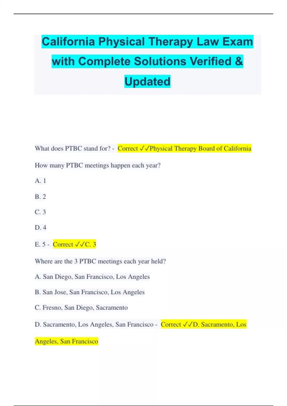 California Physical Therapy Law Exam with Complete Solutions Verified ...