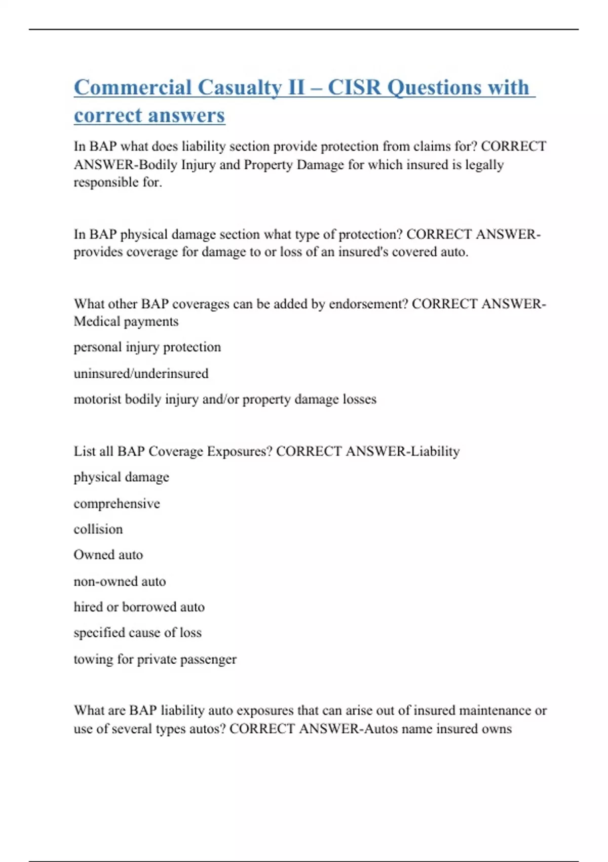 Commercial Casualty II – CISR Questions with correct answers - CISR ...