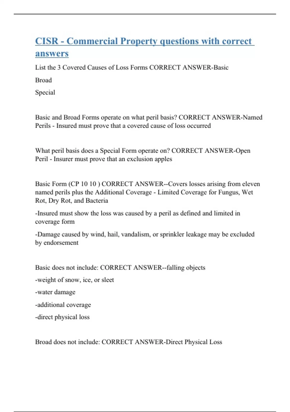 CISR - Commercial Property questions with correct answers - CISR ...