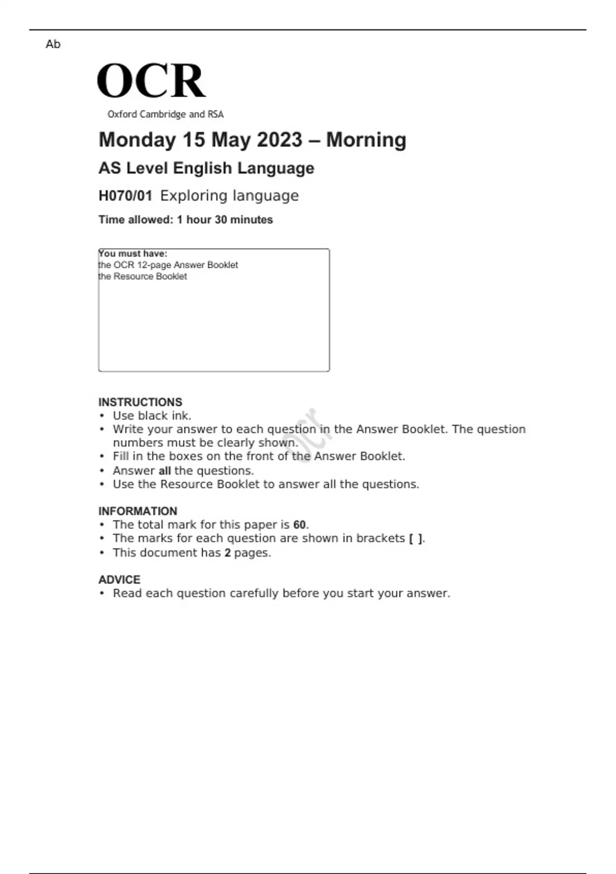 OCR AS Level English Language PAPER 1 And 2 JUNE 2023 QUESTION PAPERS