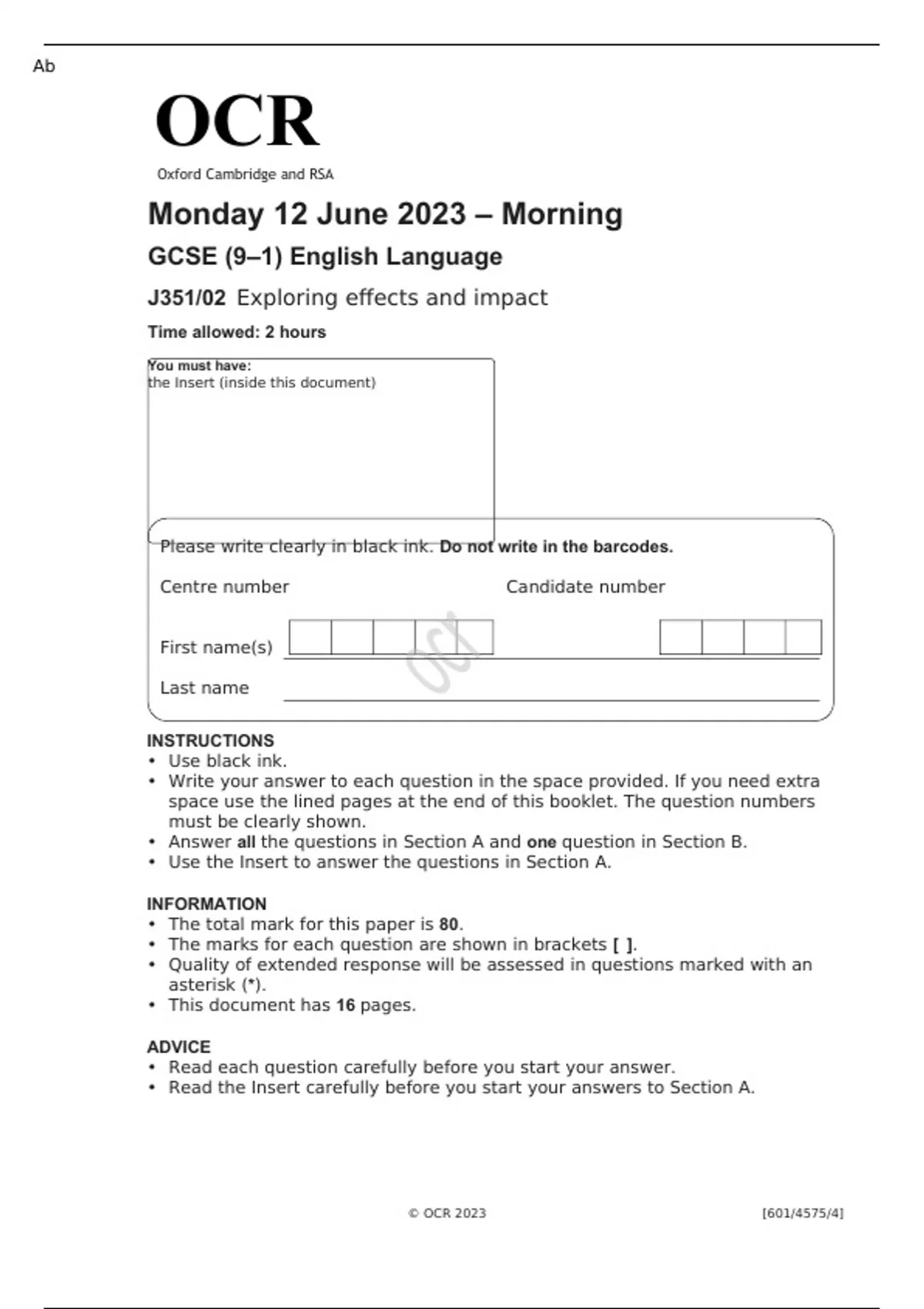 OCR GCSE (9–1) English Language PAPER 1 and 2 JUNE 2023 QUESTION PAPERS ...