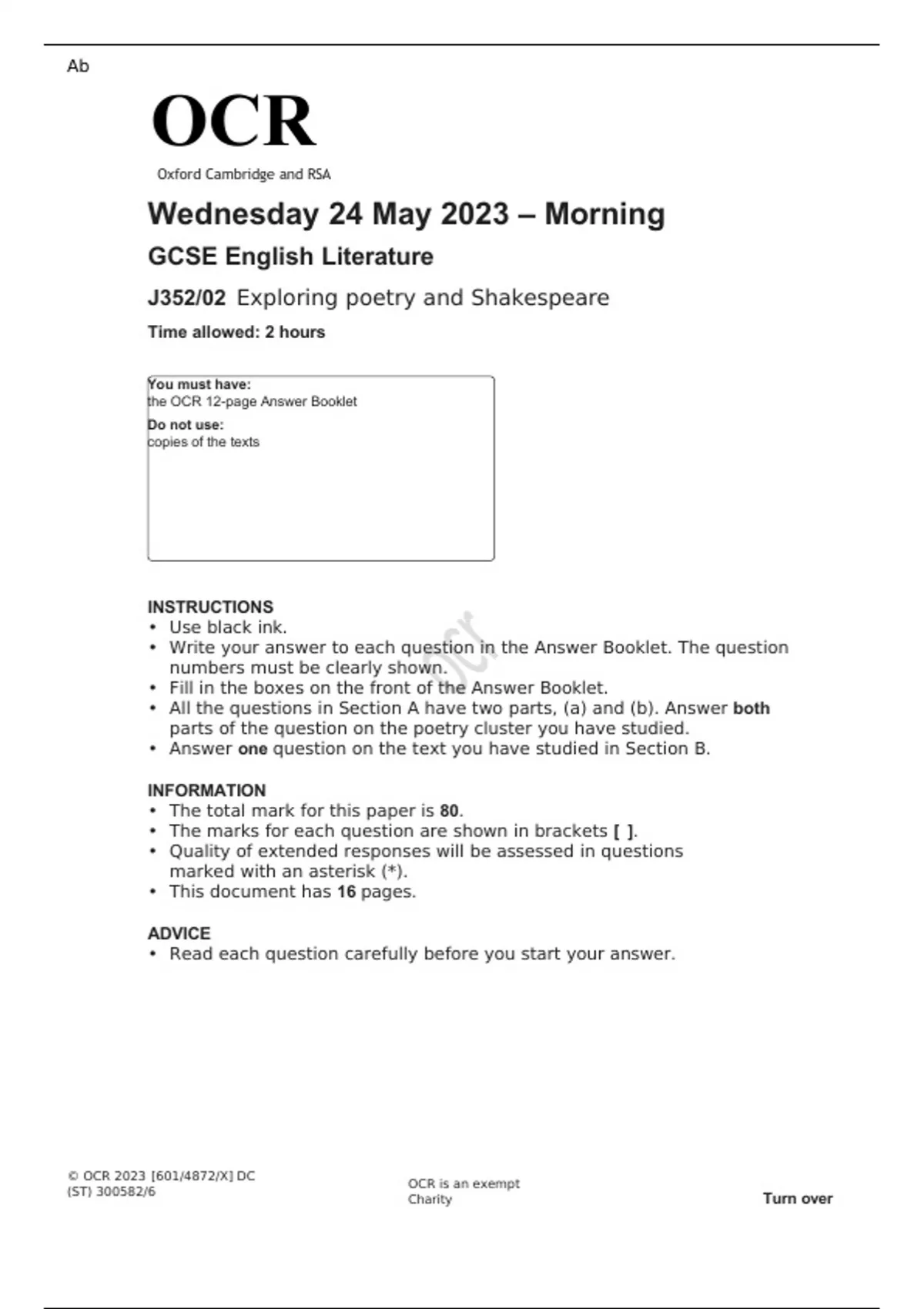 OCR GCSE English Literature PAPER 1 and 2 JUNE 2023 QUESTION PAPERS AND ...