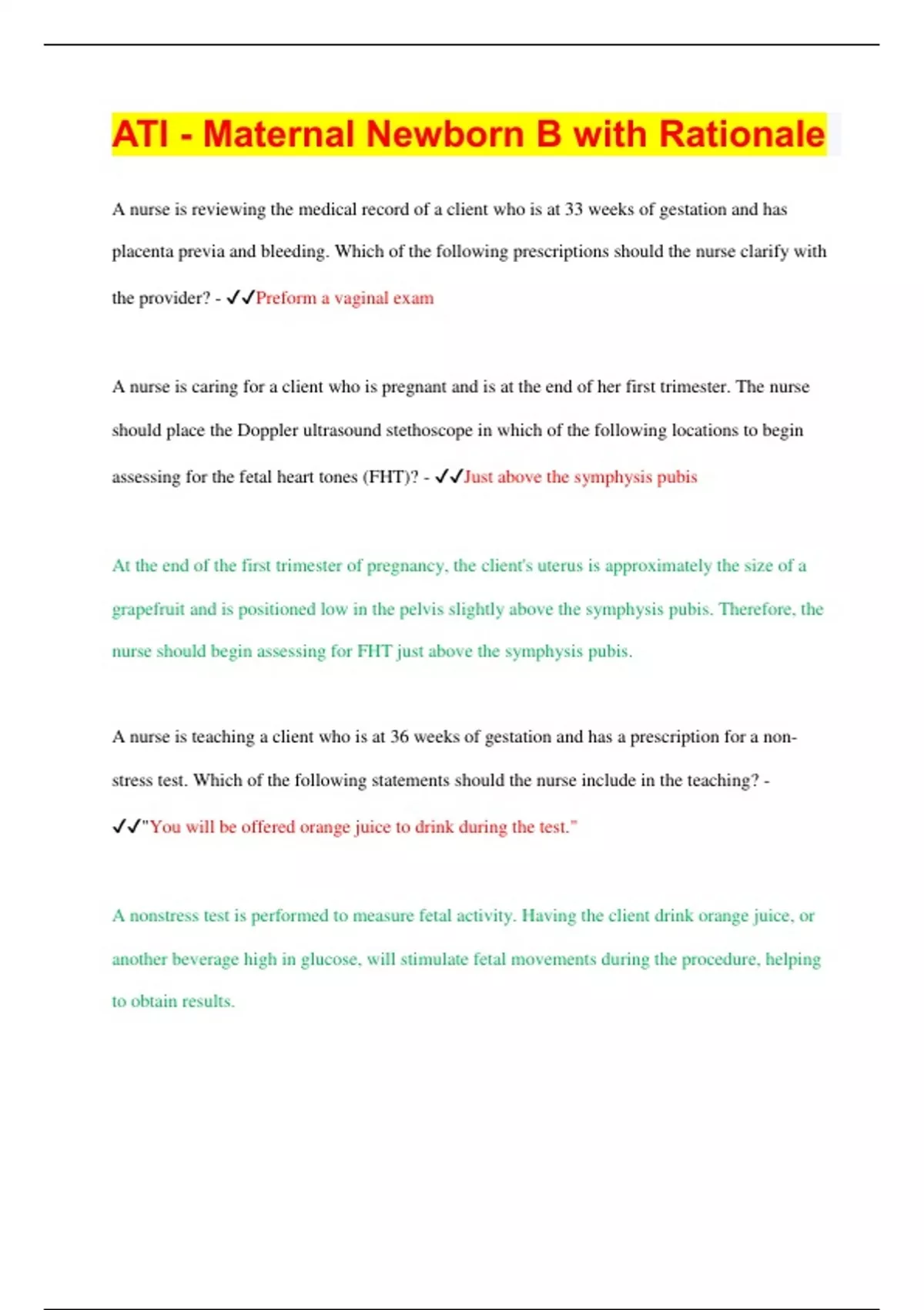 ATI - Maternal Newborn B with Rationale | Questions with 100% Correct ...