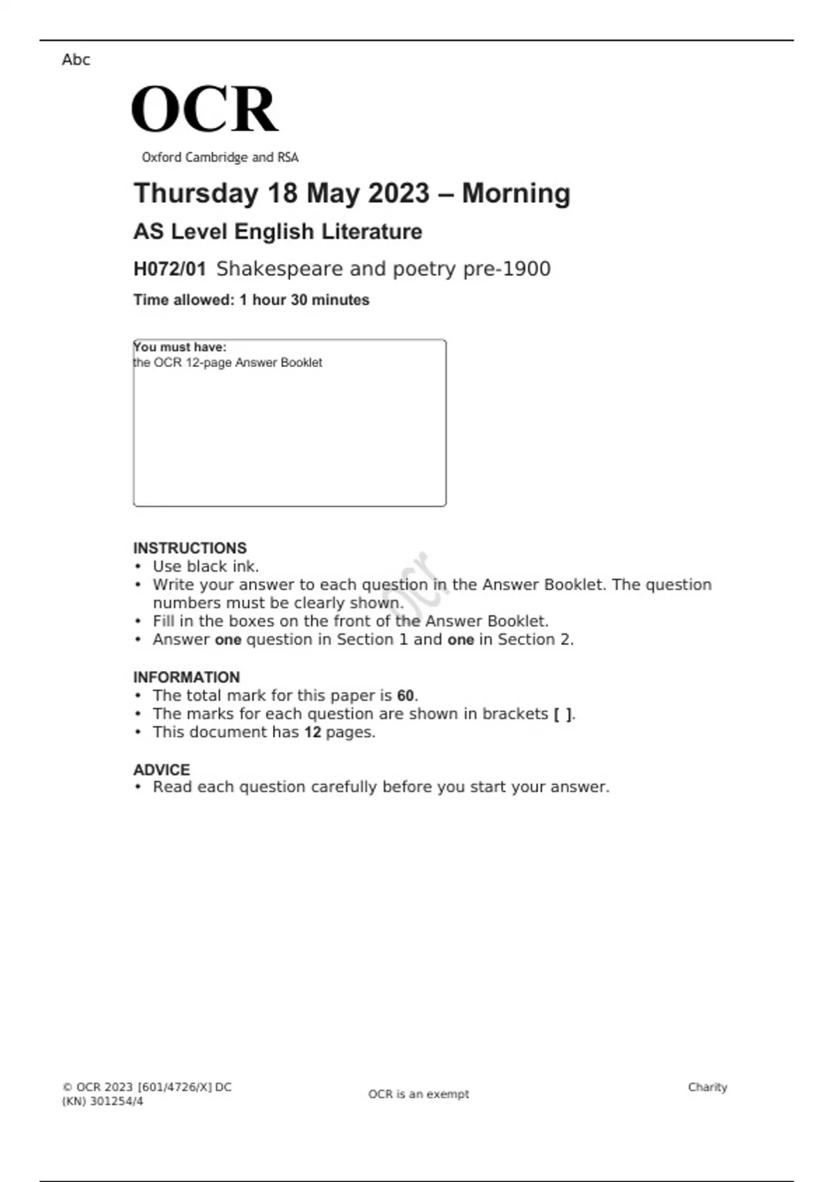 OCR AS Level English Literature H072/01 JUNE 2023 QUESTION PAPER and ...