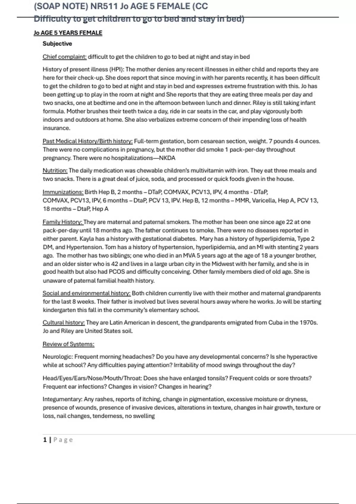 (SOAP NOTE) NR511 Jo AGE 5 FEMALE (CC Difficult to get children to bed ...