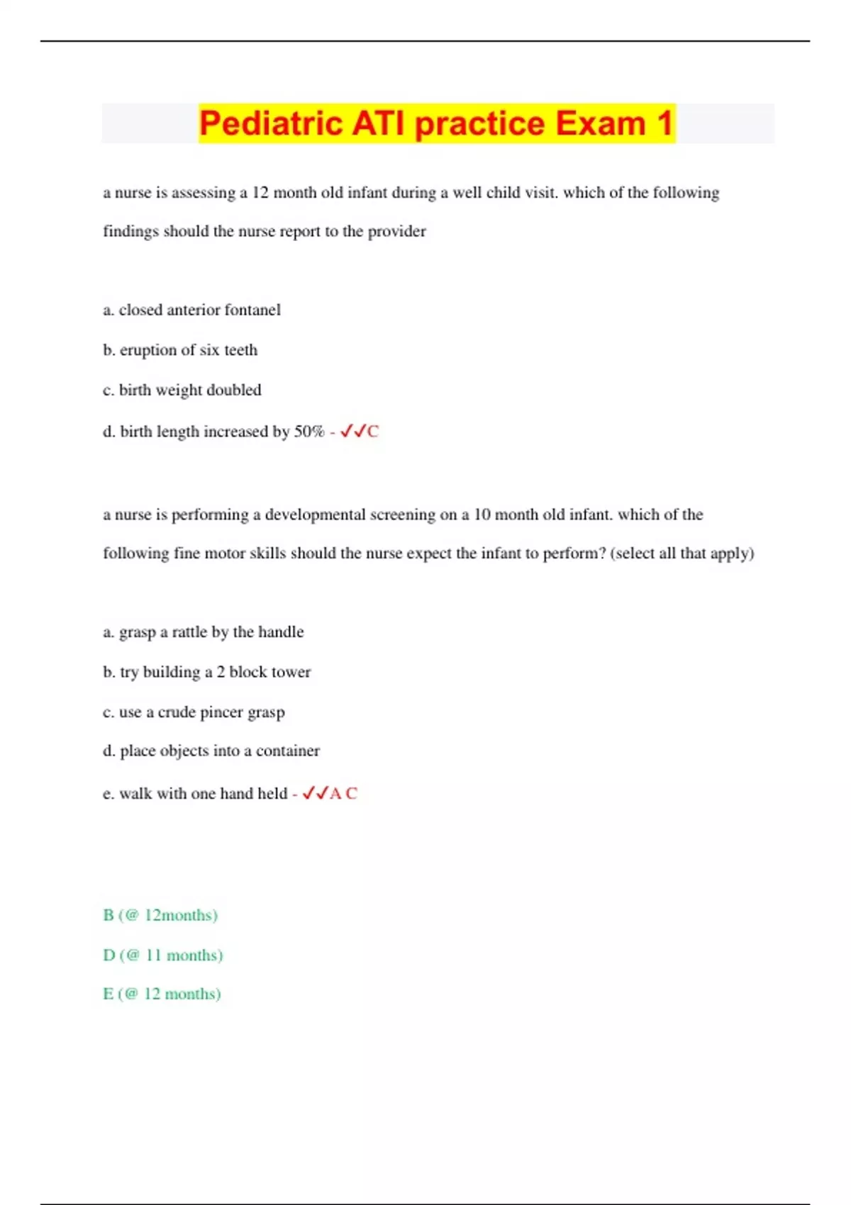 Pediatric ATI practice Exam 1 | Questions with 100% Correct Answers ...