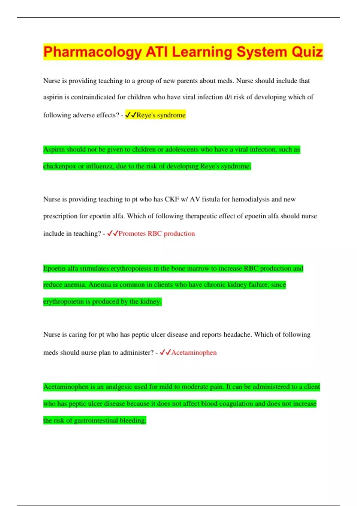 Pharmacology ATI Learning System Quiz | Questions with 100% Correct ...