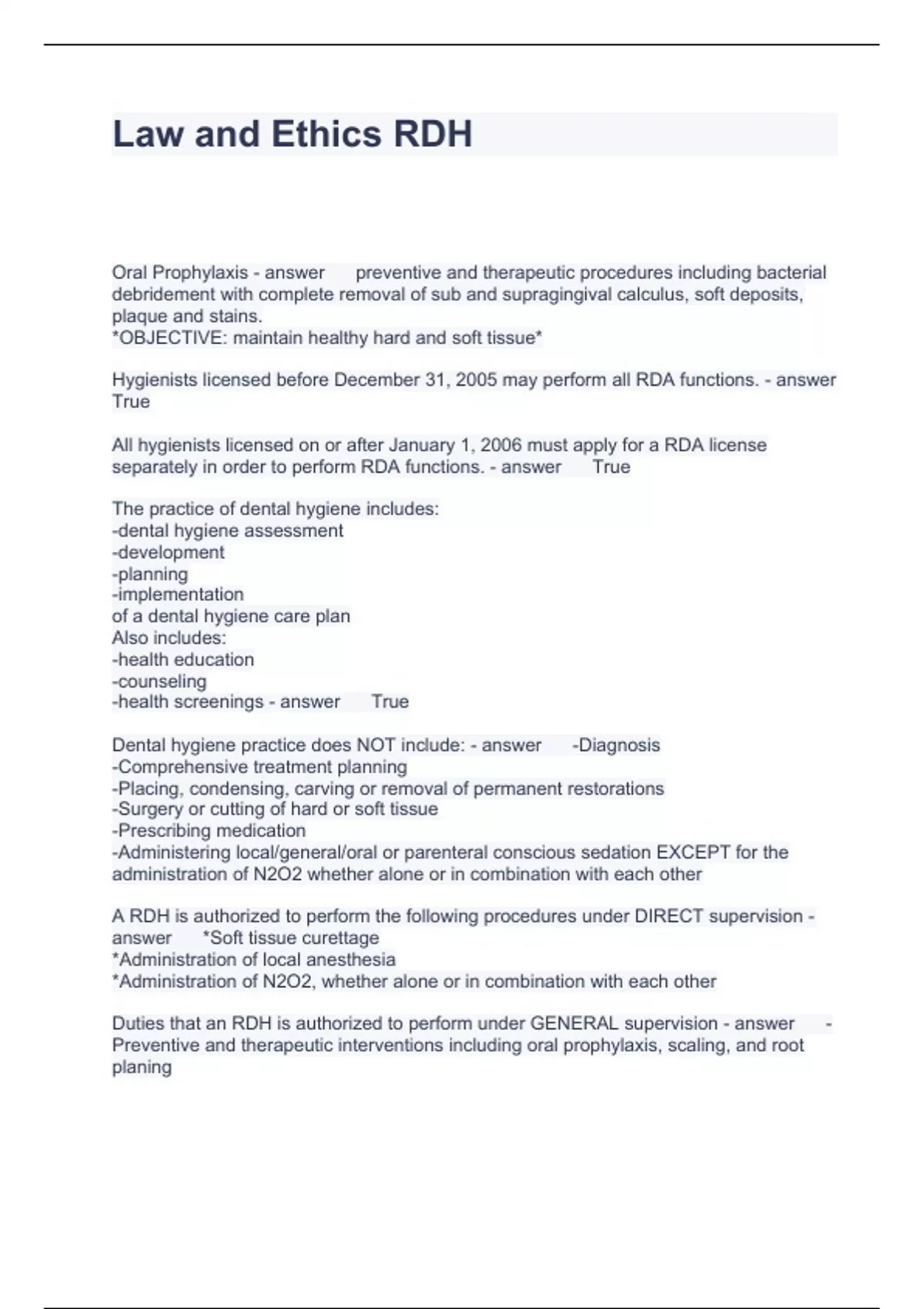 Law and Ethics RDH Questions with correct Answers 2023 - Rdhap - Stuvia US