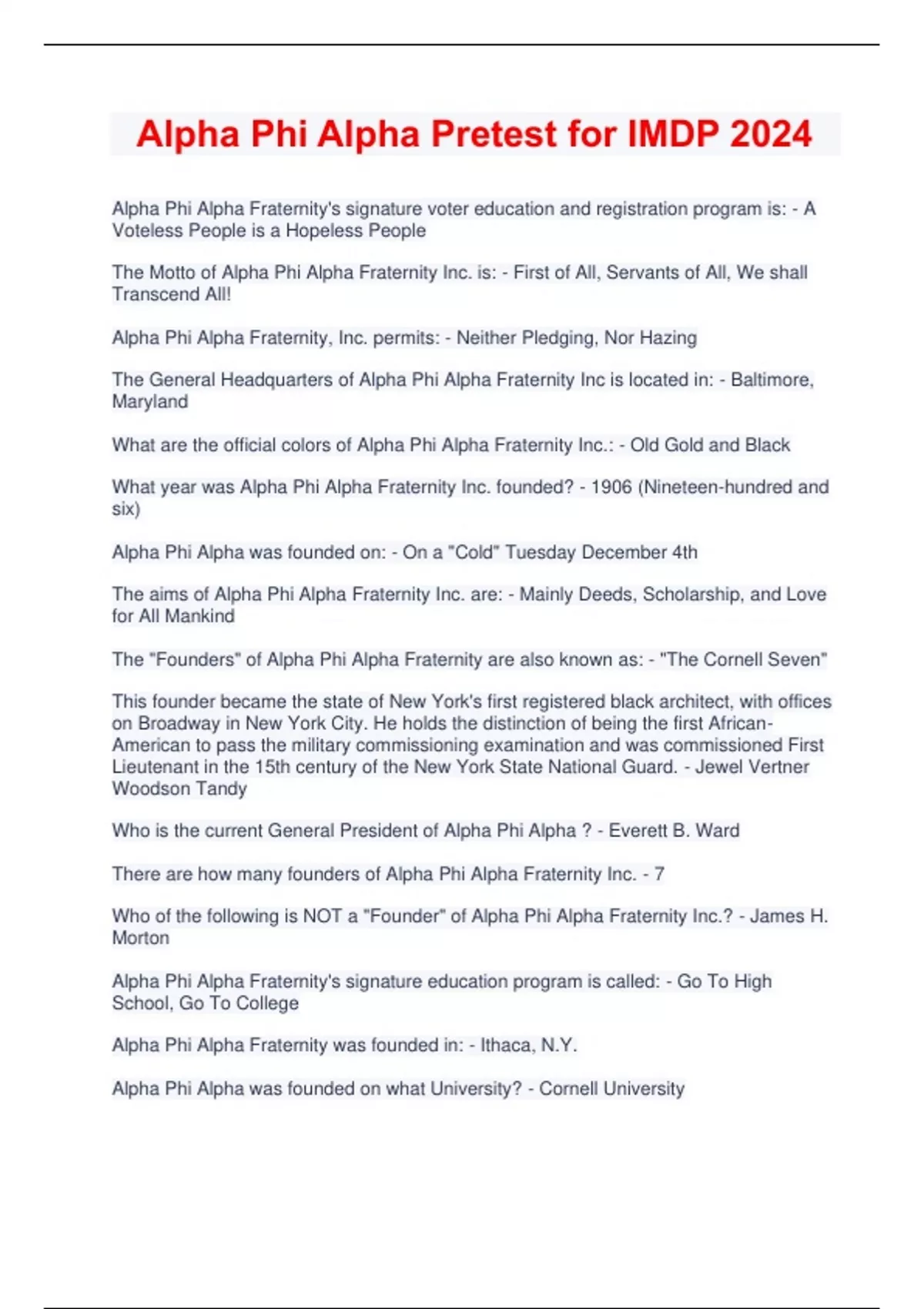 Alpha Phi Alpha Pretest for IMDP 2024 - Alpha Phi Alpha - Stuvia US