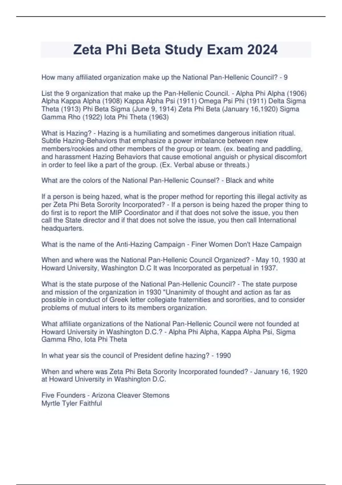 Zeta Phi Beta Study Exam 2024 - Zeta Phi Beta - Stuvia US