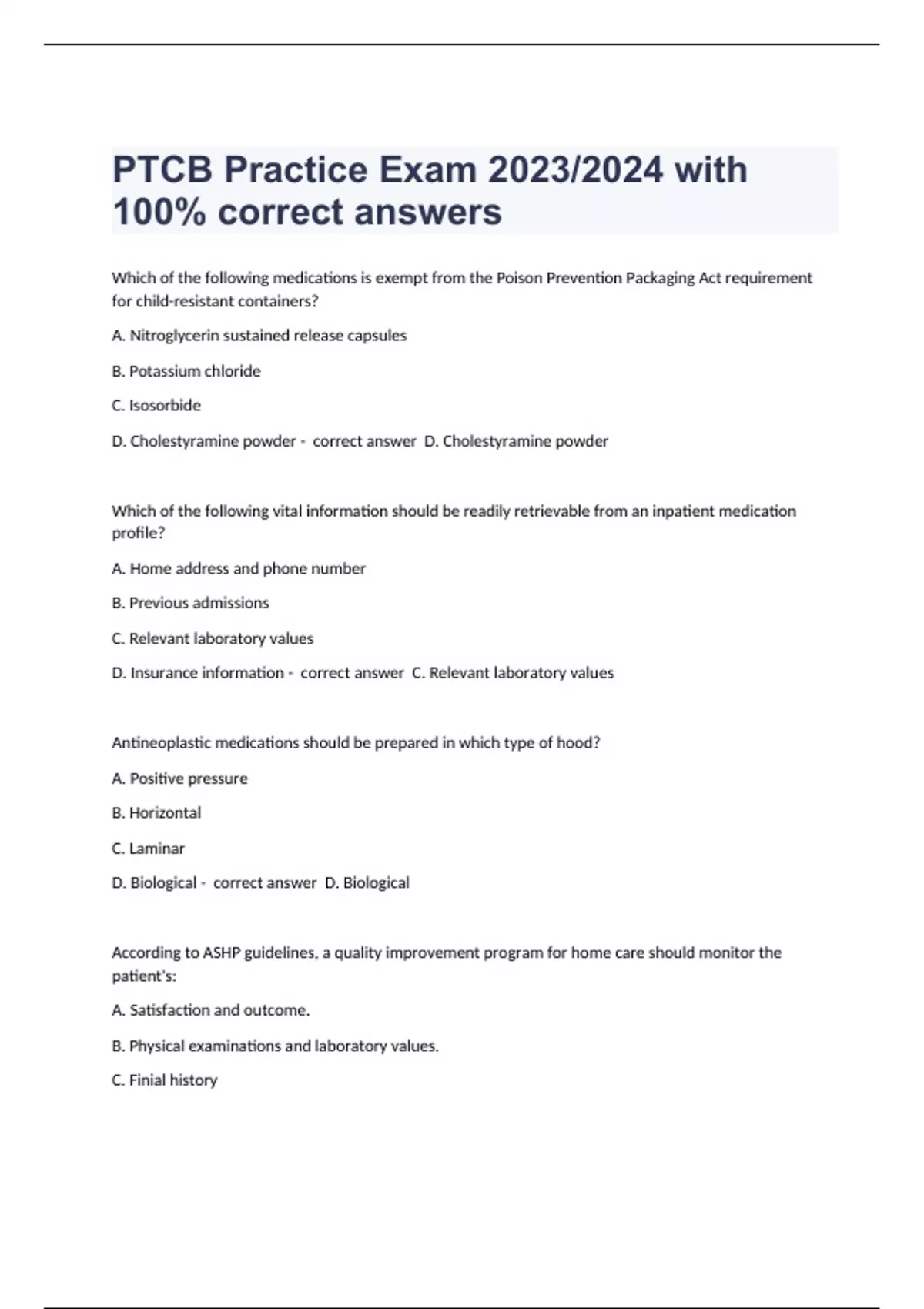PTCB Practice Exam 2023/2024 with 100% correct answers - PTCB - Stuvia US