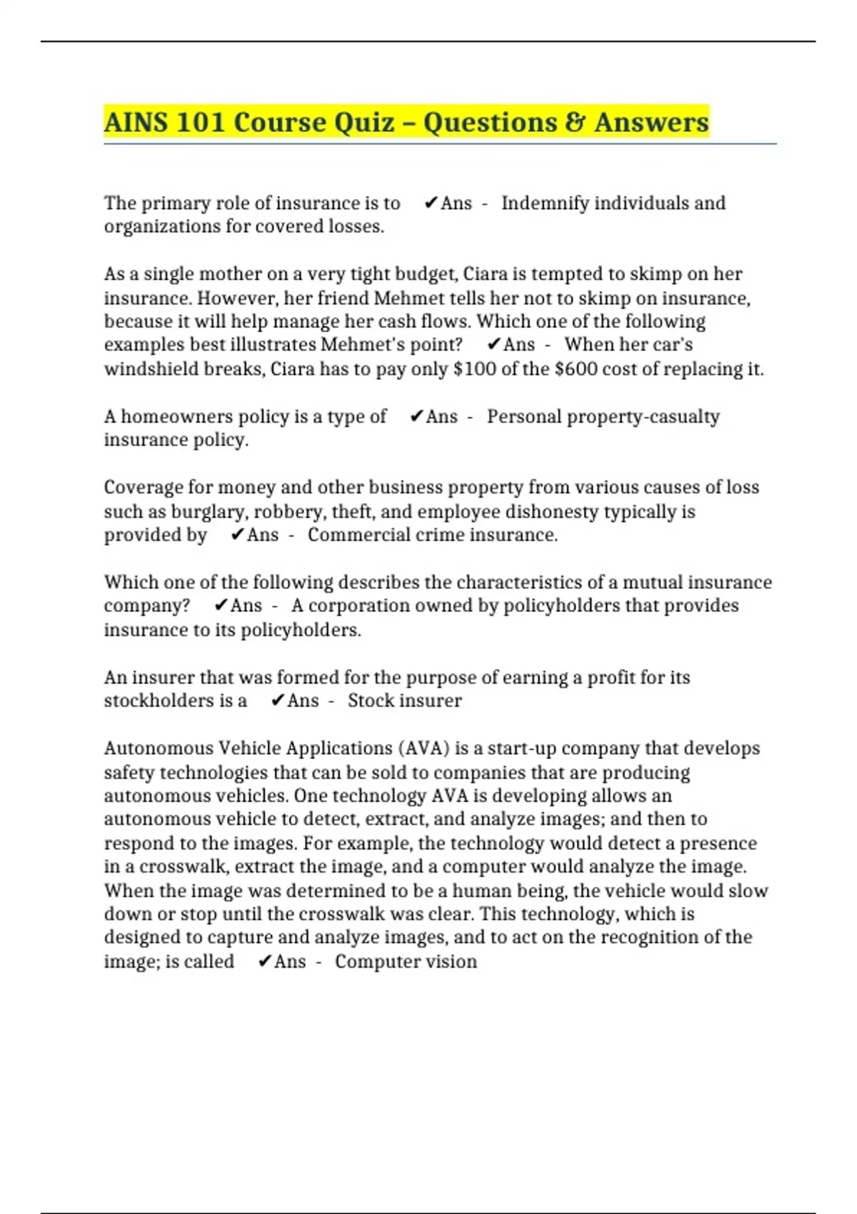 AINS 101 Course Quiz – Questions & Answers - AINS 101 - Stuvia US