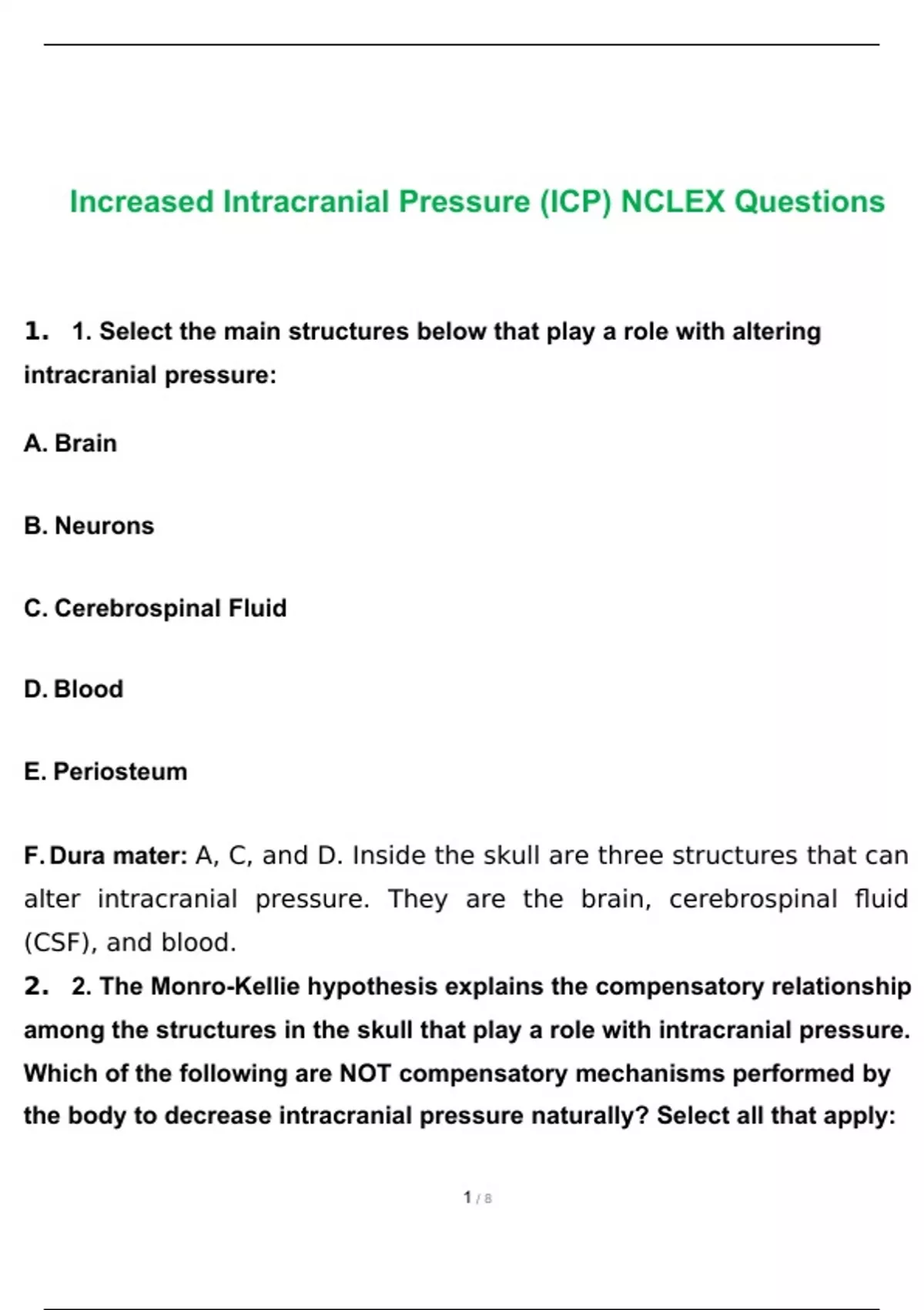 Increased Intracranial Pressure (ICP) NCLEX 2022 Questions and Answers ...